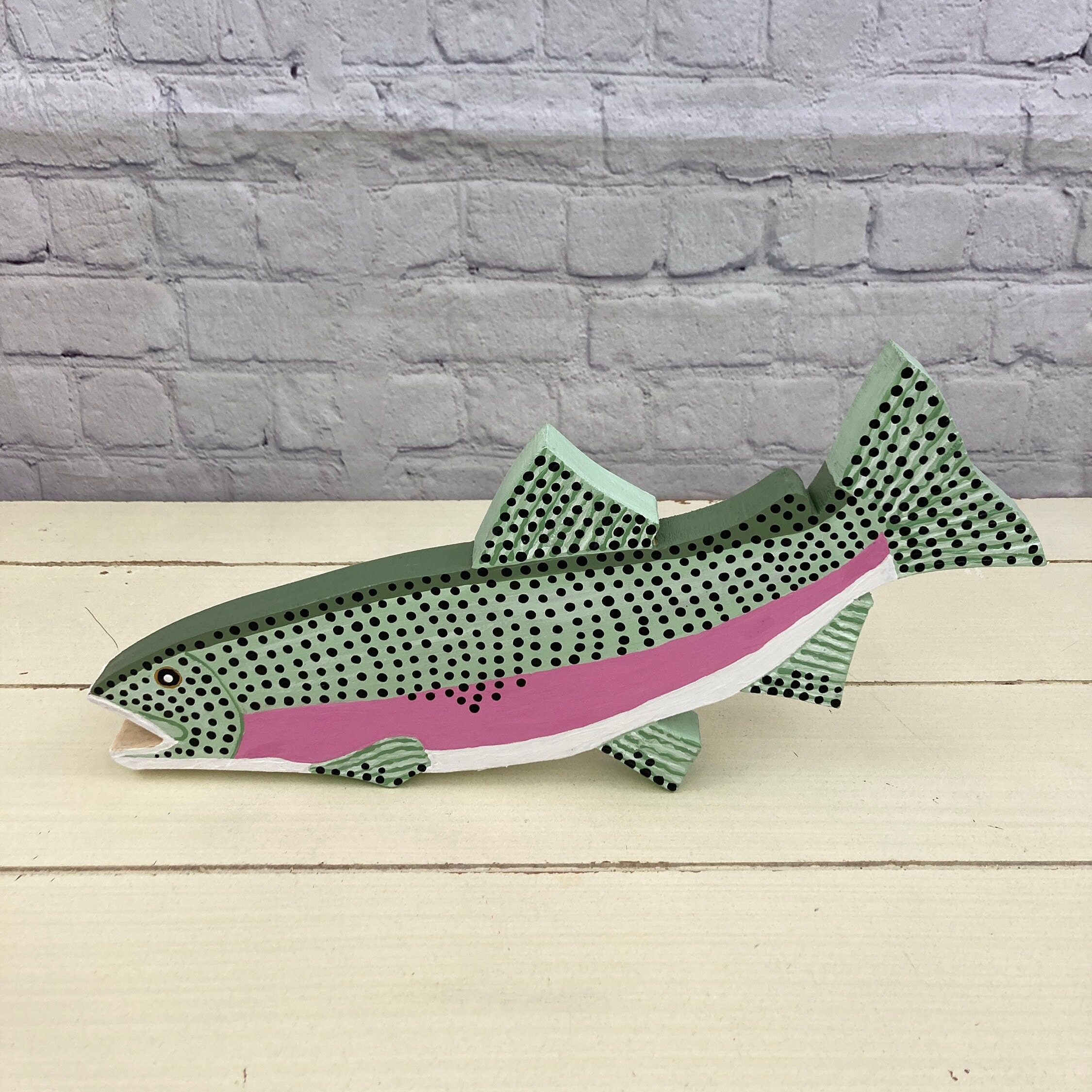 Curved Rustic Rainbow Trout, Hand Carved and Painted, Wooden Folk Art ...