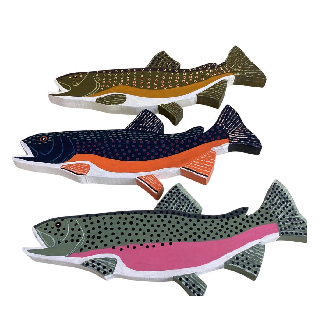 Set of 3 Trout Hand Carved and Painted Wooden Folk Art Fish, Fresh ...