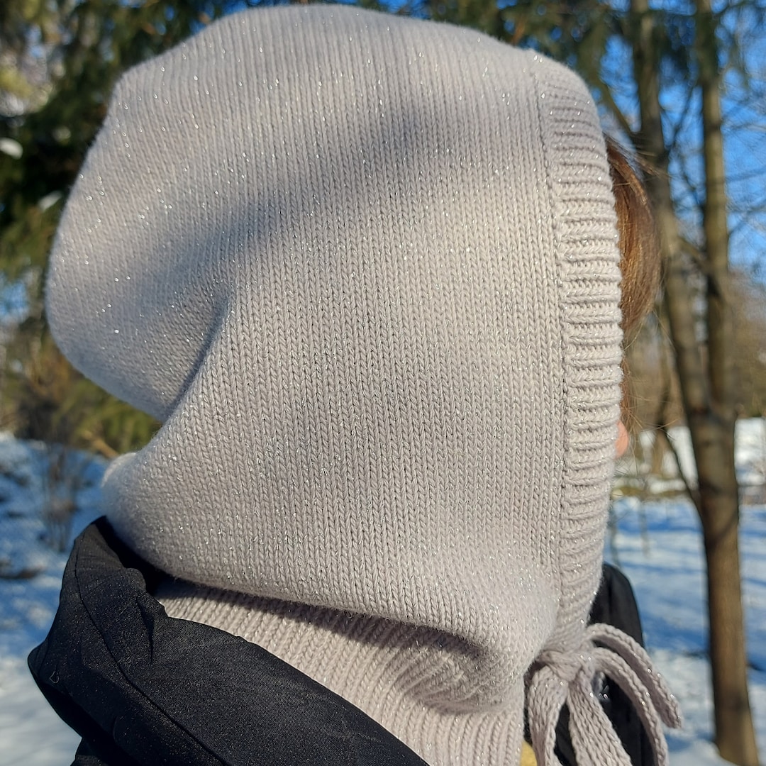 Merino Wool Knit Hood: Light Gray Lurex Bonnet, Winter Head Scarf - Etsy
