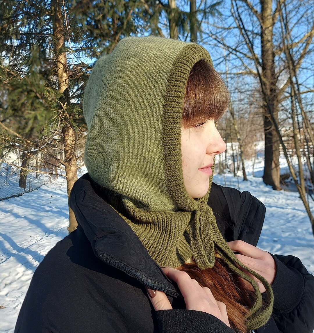 Gren Wool Knit Hood Helmet Warm Woman Accessories Merino Bonnet Tie - Etsy