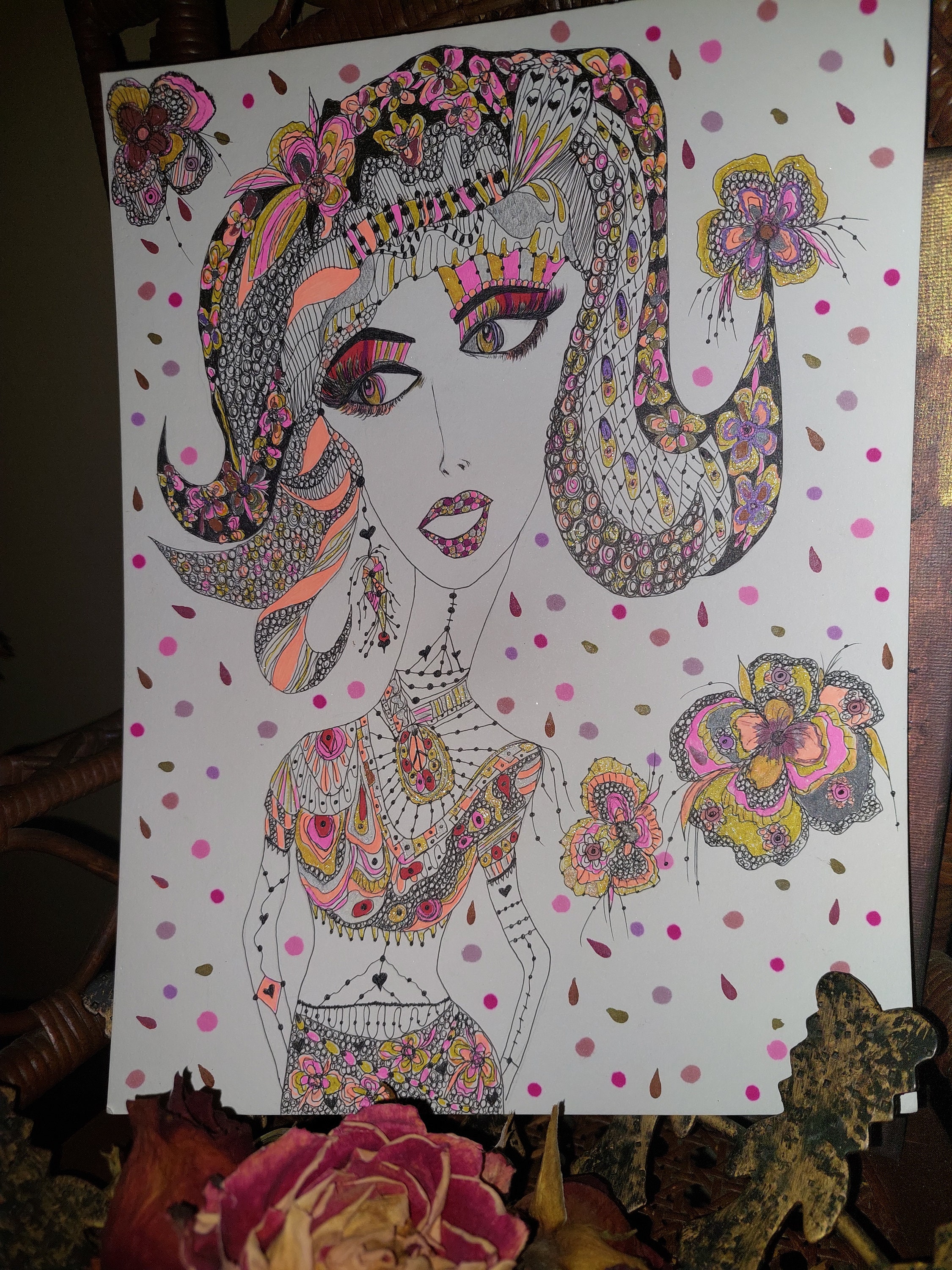 Boho Original Art Floral Hippy Wall Decor Girl With Flowers Wall ...