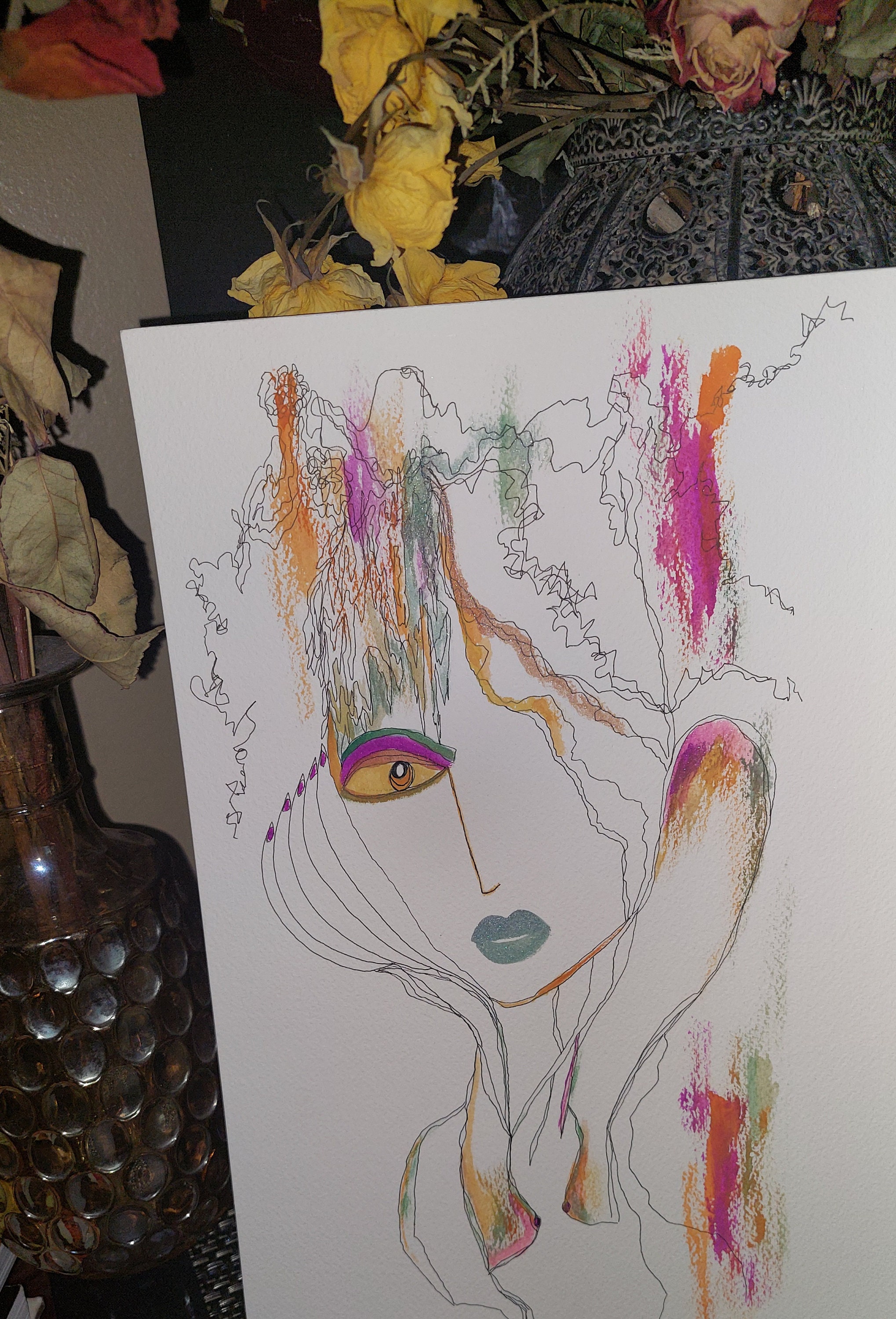 Watercolor Line Art Painting Girl Nude Wall Décor Figurative Portrait ...