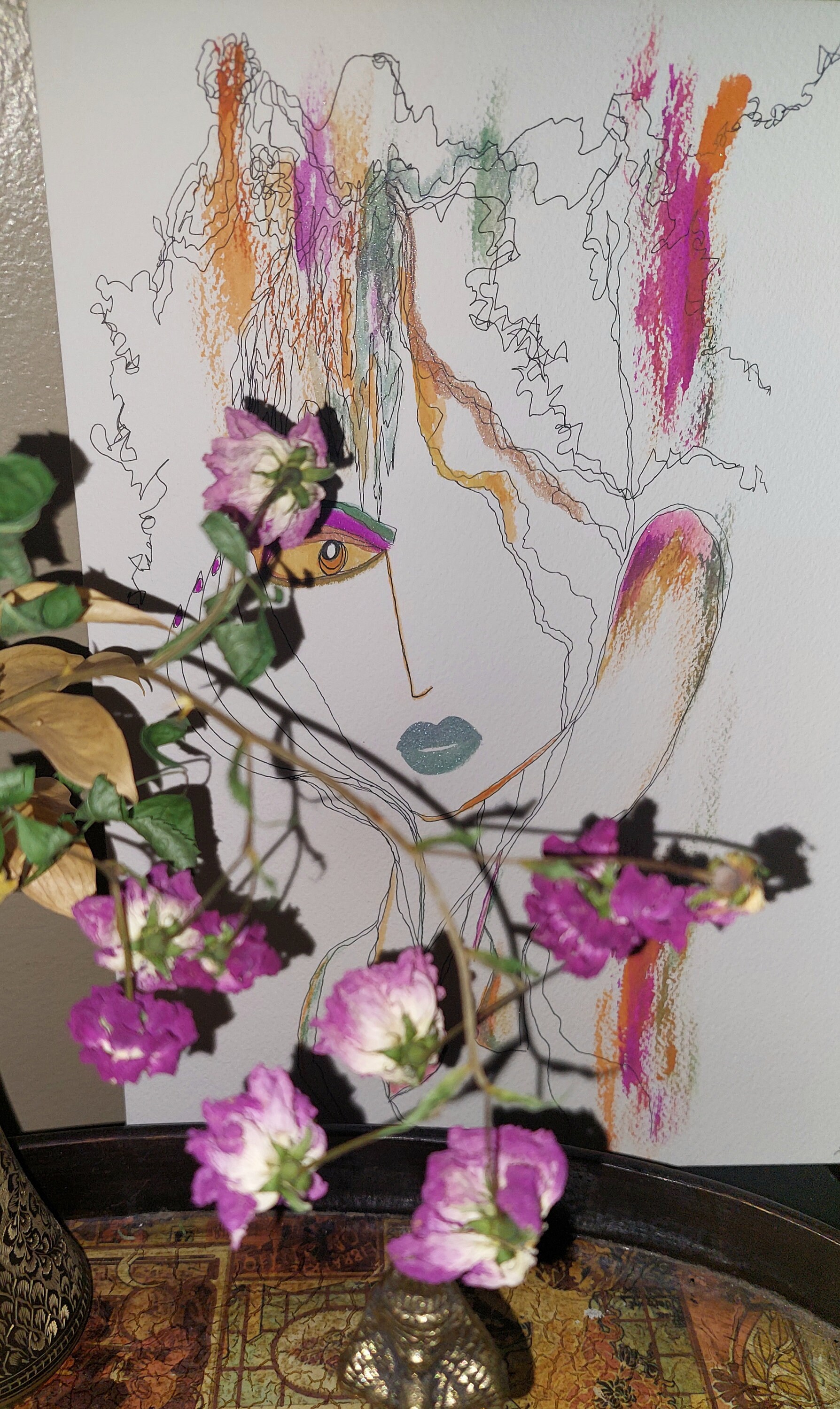 Watercolor Line Art Painting Girl Nude Wall Décor Figurative Portrait ...