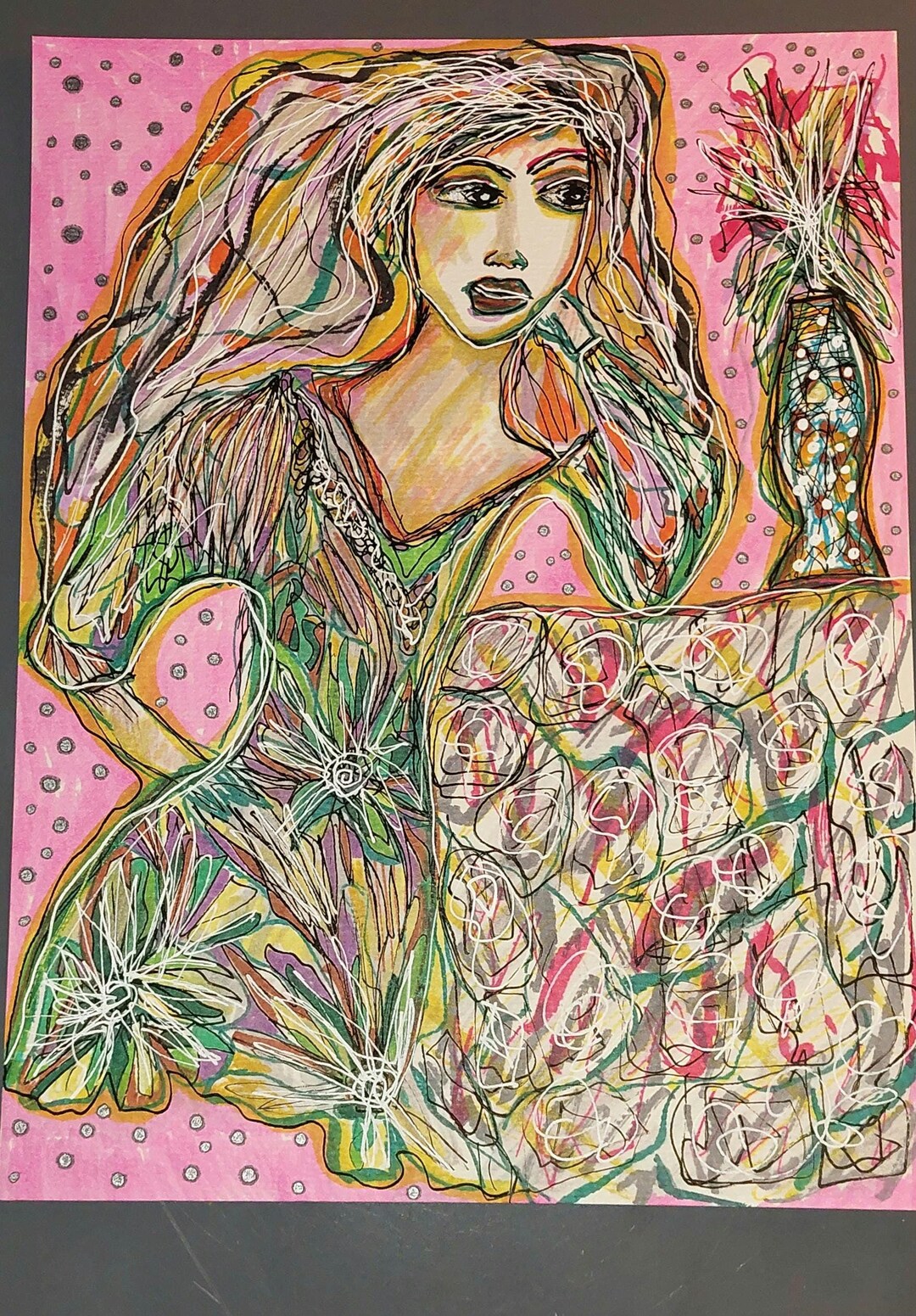 Bohemian Cutecore Girl W/ Flower Vase /original Sketch/colorful Boho ...