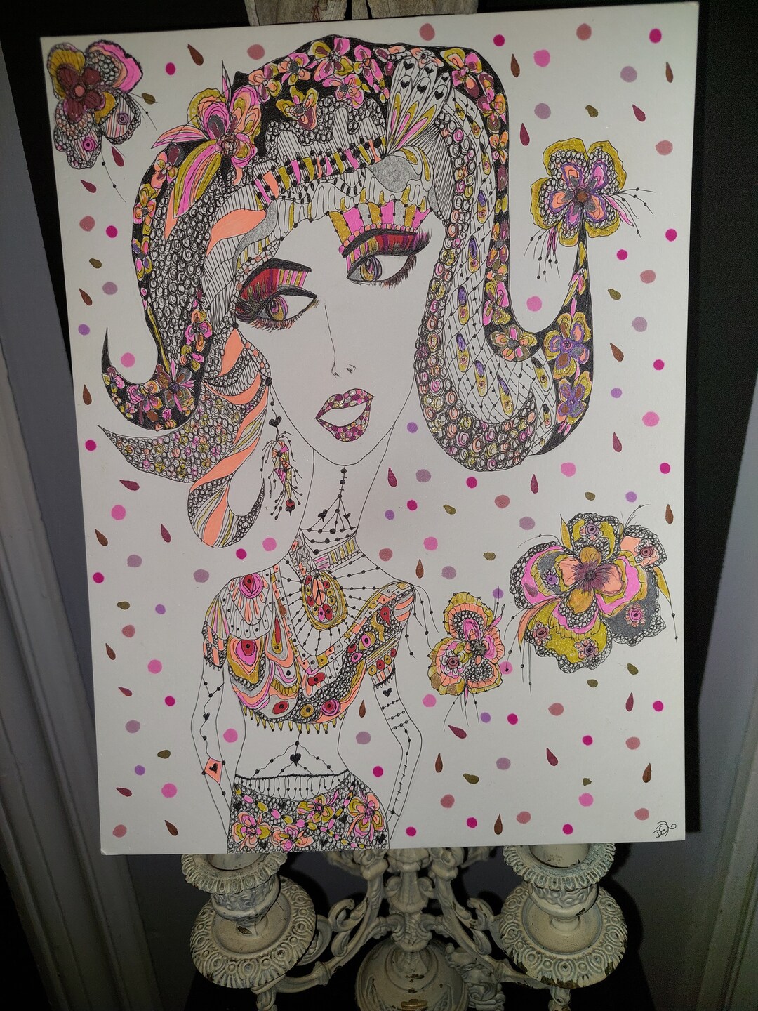 Boho Original Art Floral Hippy Wall Decor Girl With Flowers Wall ...