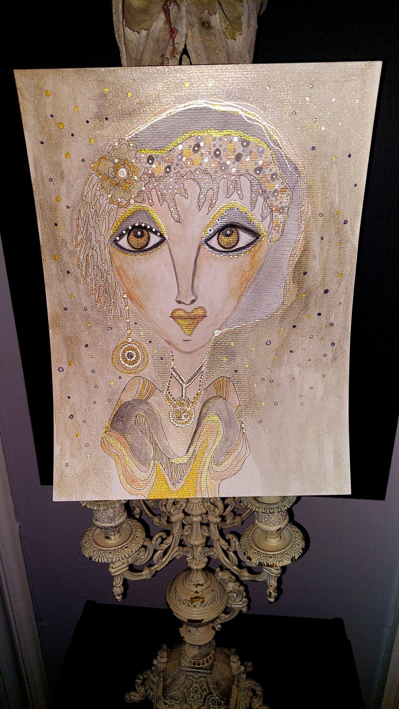 Sparkly Girl Art Silver & Gold Portrait Girly Vanity Decor Big Eyes ...