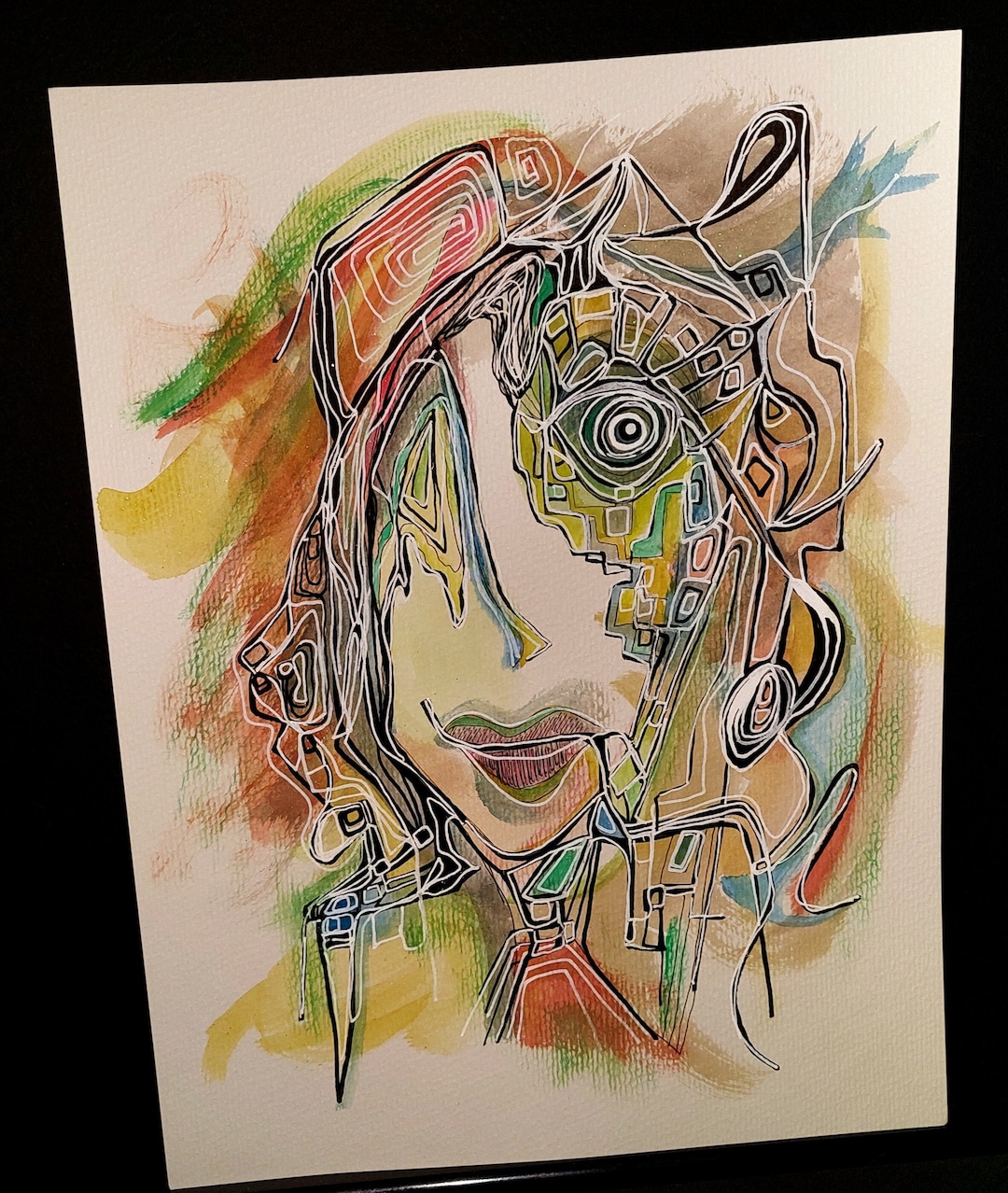 Mixed Media Watercolor Drawing Abstract Figurative Robot Face Original ...