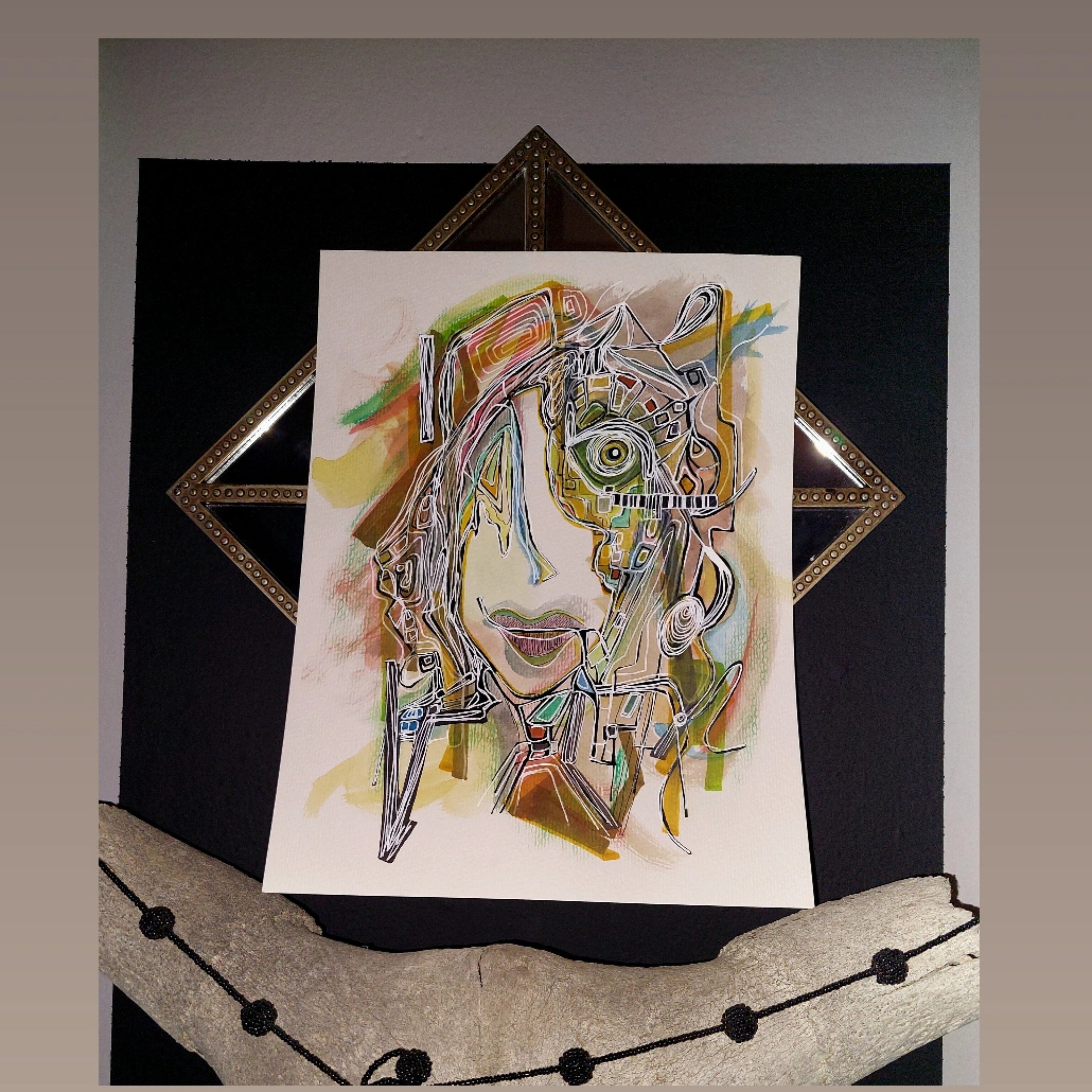 Mixed Media Watercolor Drawing Abstract Figurative Robot Face Original ...