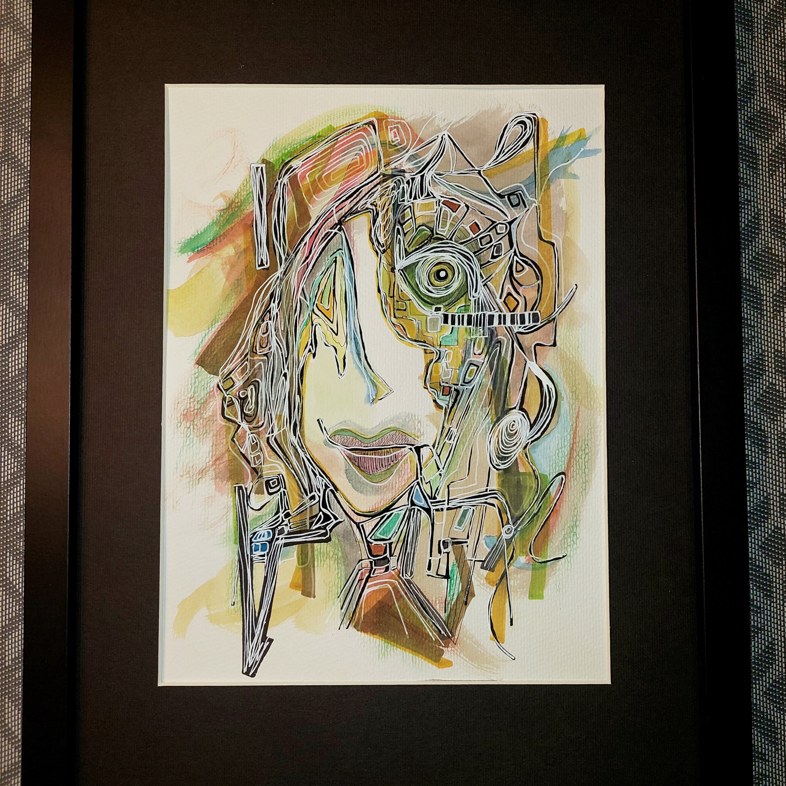 Mixed Media Watercolor Drawing Abstract Figurative Robot Face Original ...