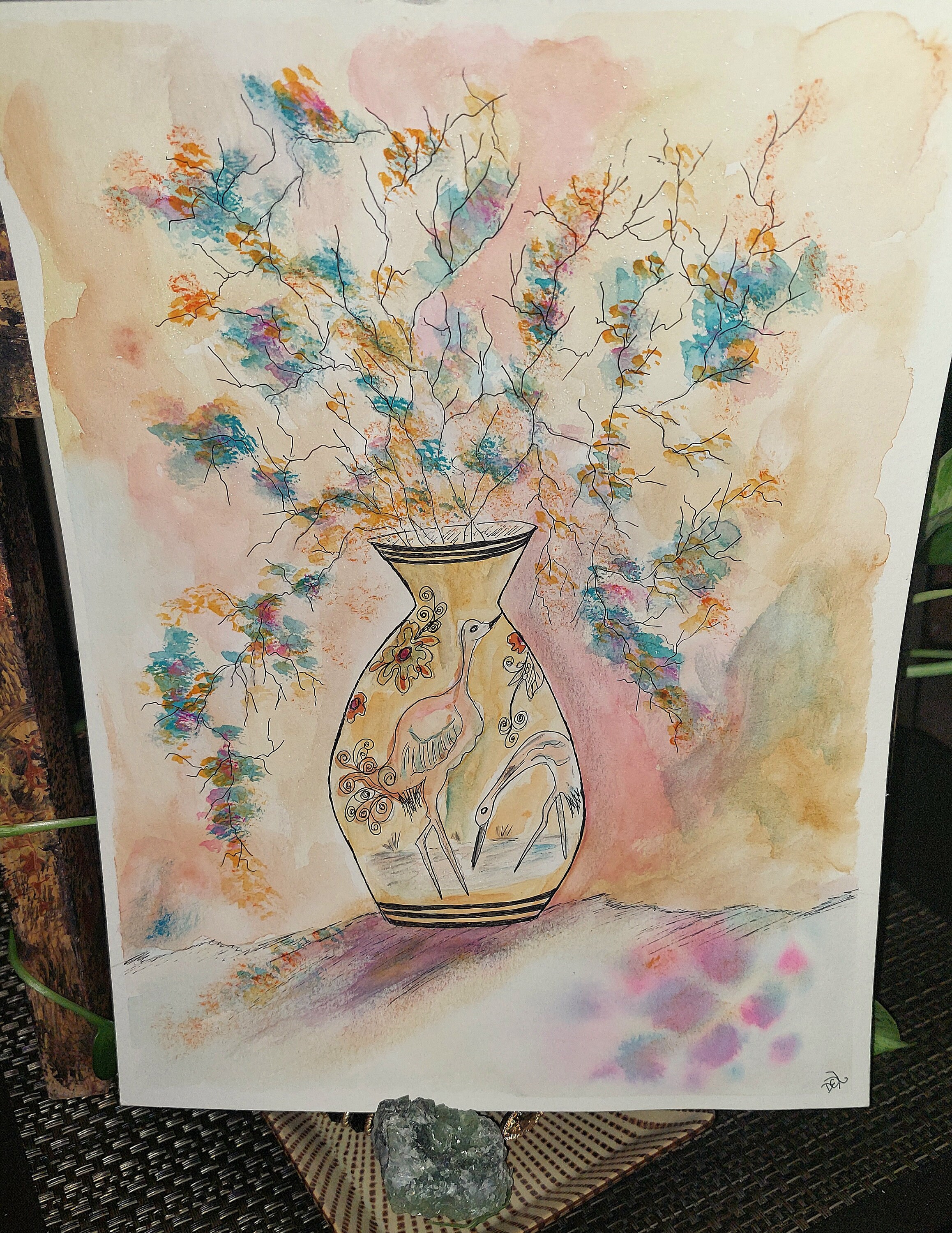 Watercolor ORIGINAL ART Zen Floral Wall Décor Bird Motif Wall Hanging ...