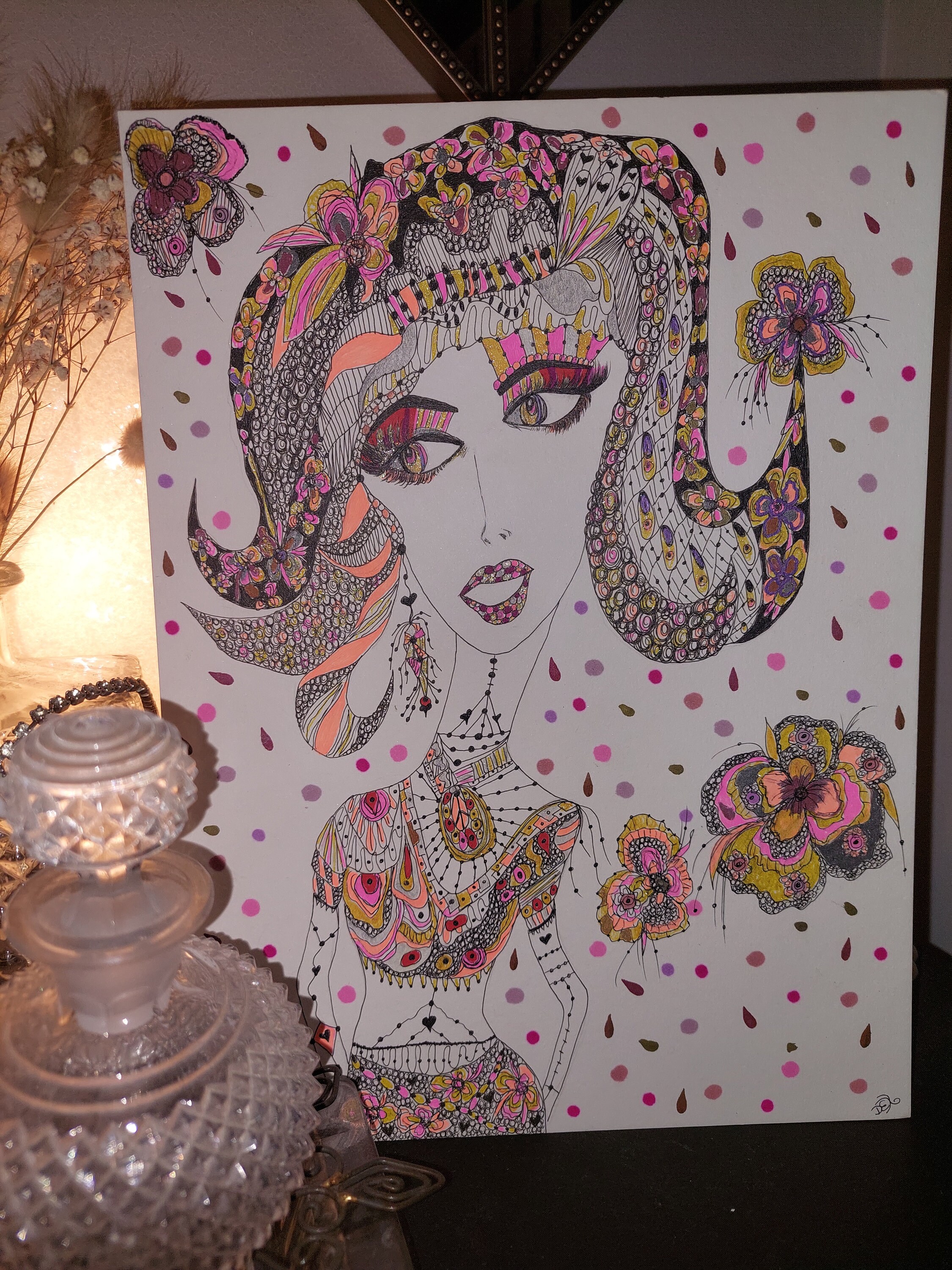 Boho Original Art Floral Hippy Wall Decor Girl With Flowers Wall ...