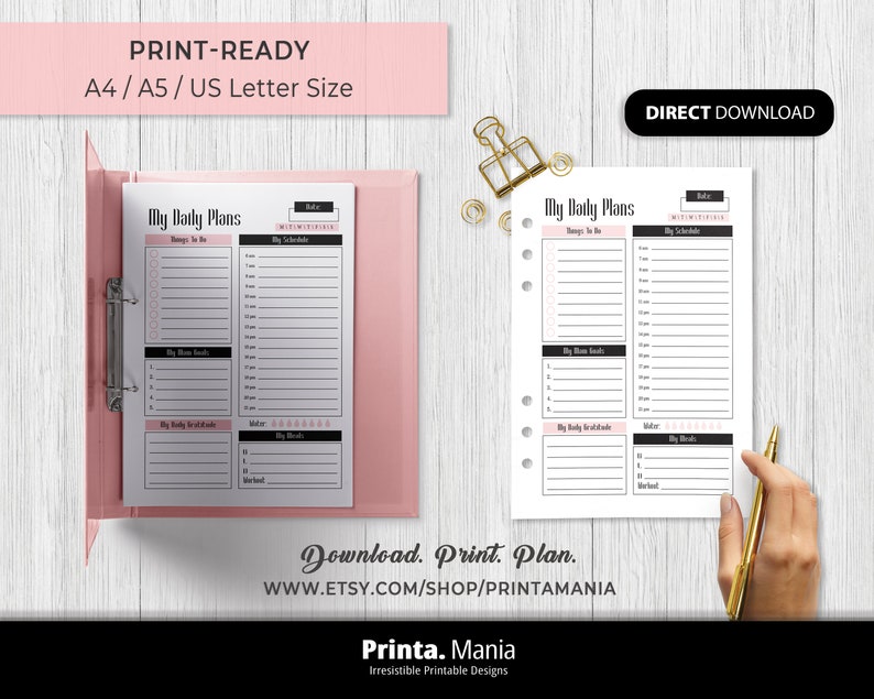 Daily Planner Printable A4, A5, US Letter Business Planner, Daily ...