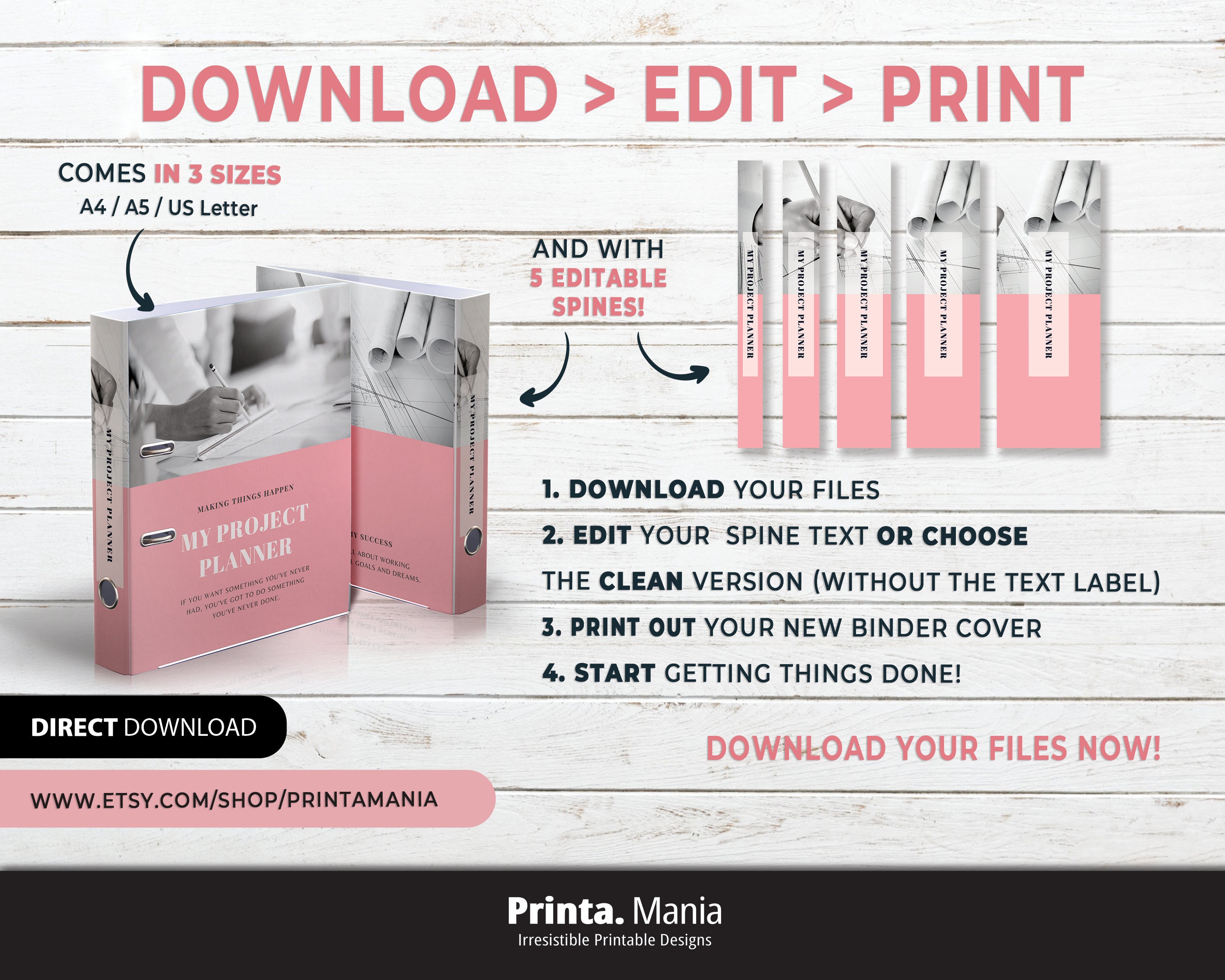Project Binder Printable Cover | Project Planner Cover | 3 Sizes, 5 ...