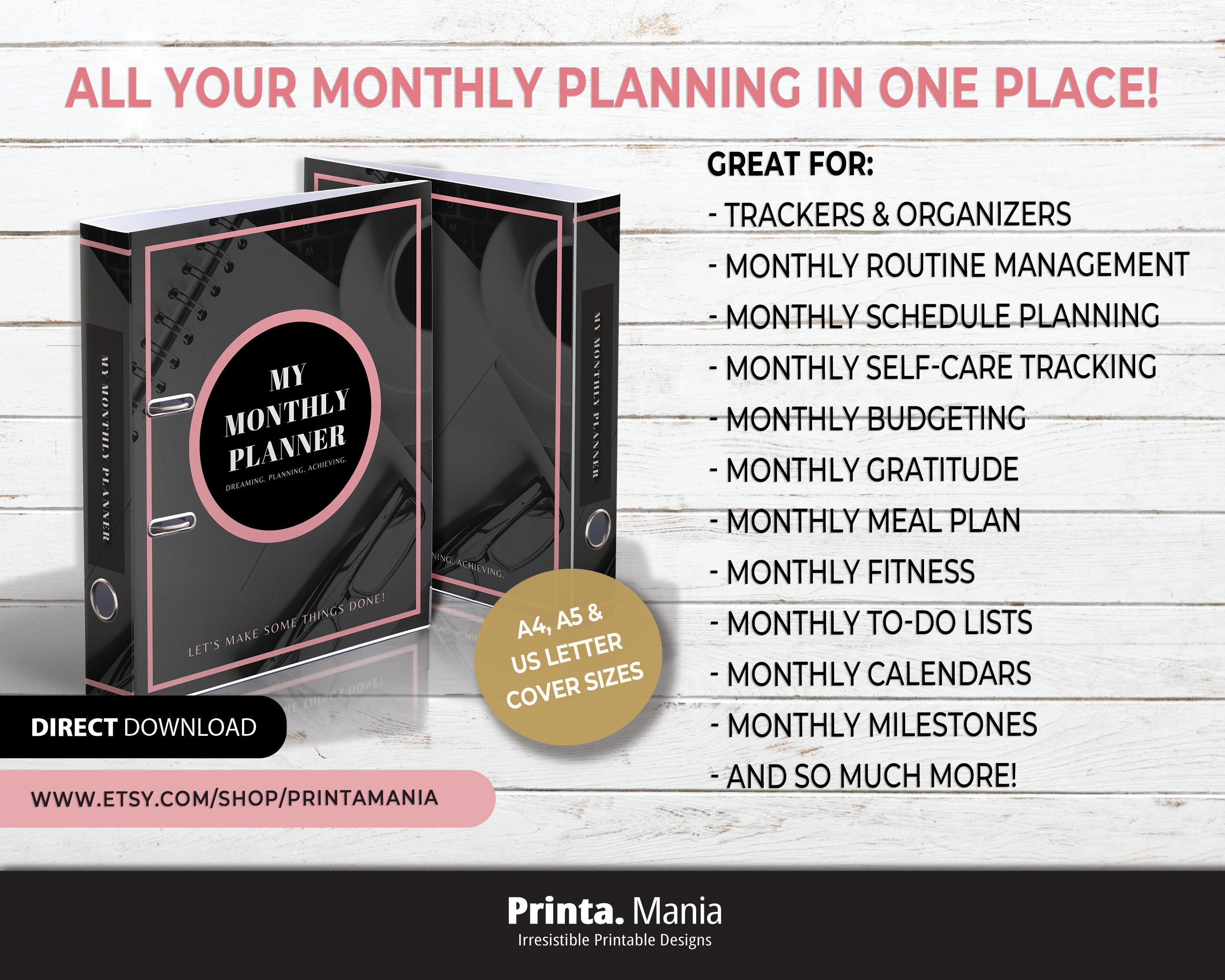 Monthly Binder Printable Monthly Planner Cover 3 Sizes, 5 Editable ...