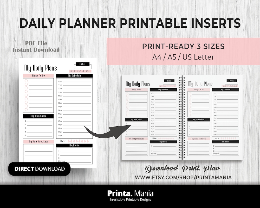 Daily Planner Printable A4, A5, US Letter Business Planner, Daily ...