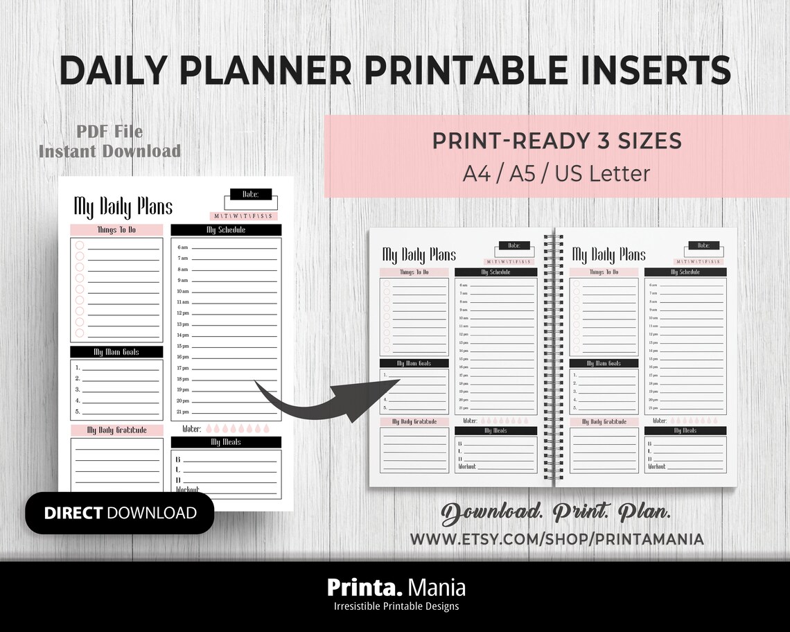 Daily Planner Printable A4, A5, US Letter Business Planner, Daily ...