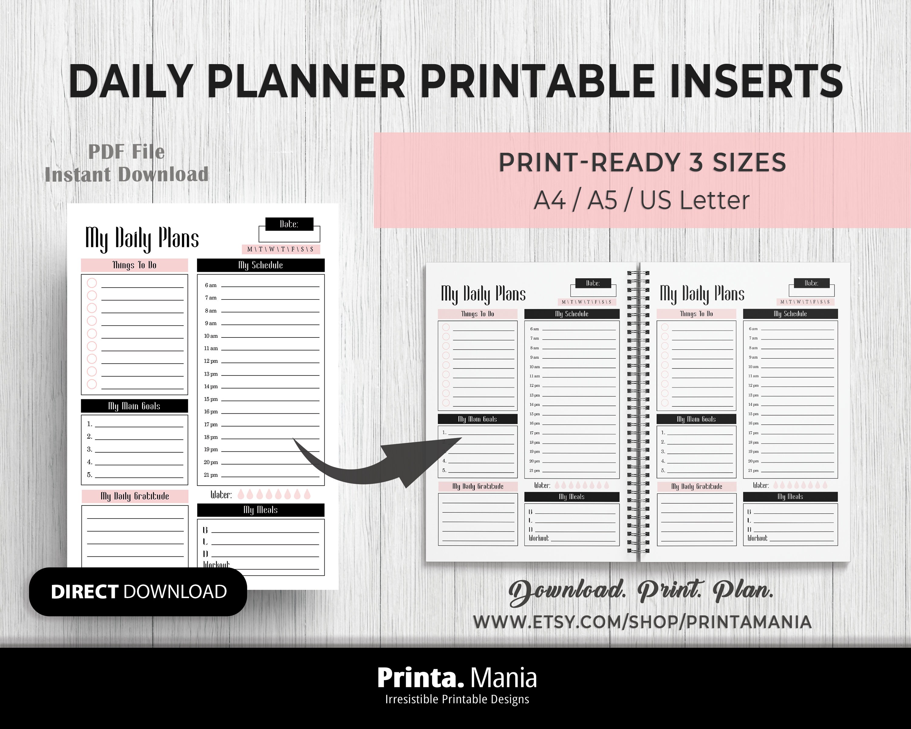 Daily Planner Printable A4, A5, US Letter Business Planner, Daily ...