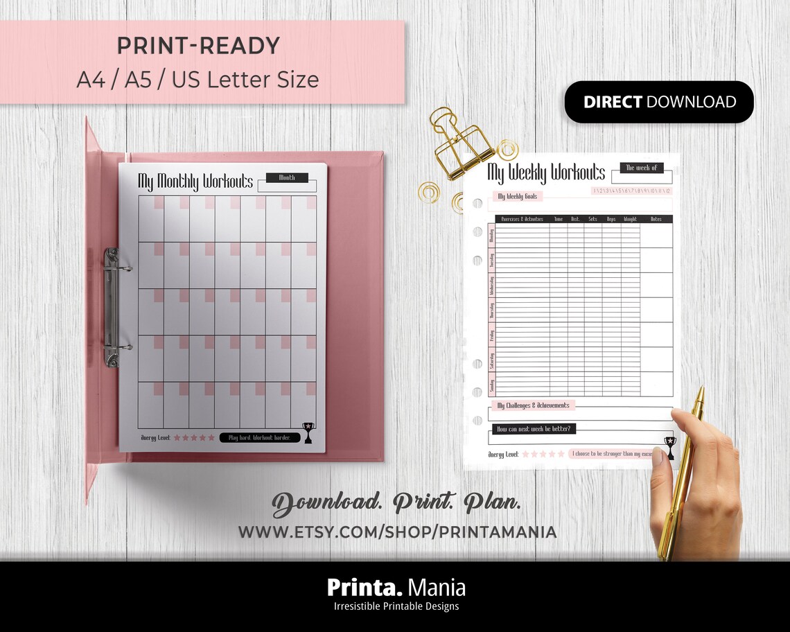 Workout Planner Printable A4, A5, US Letter Fitness Planner, Weekly ...