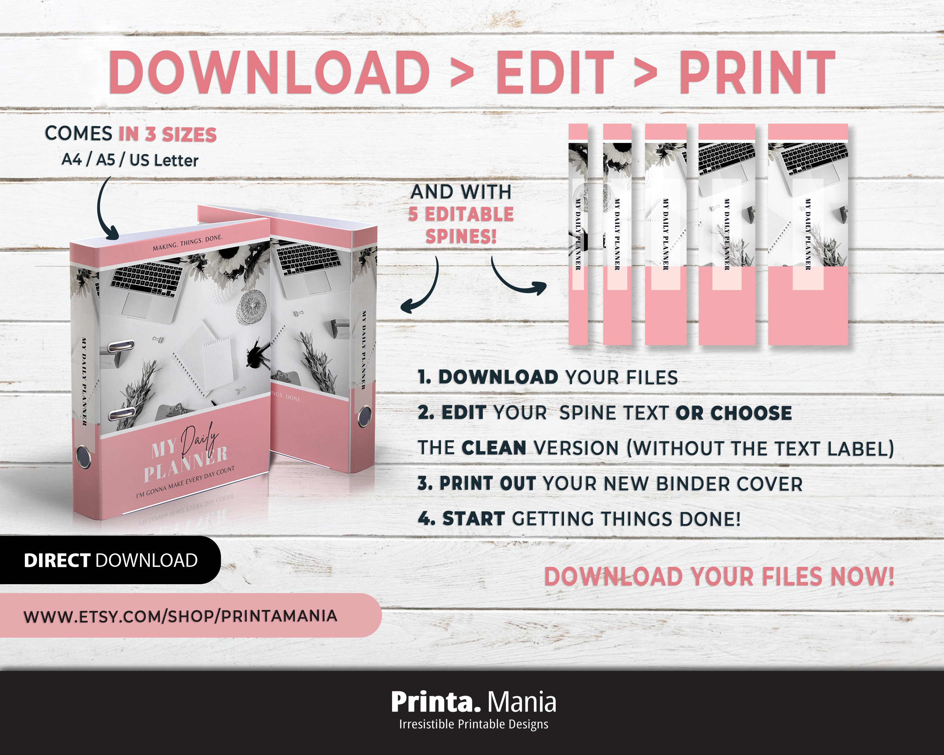 Daily Binder Printable Cover Daily Planner Cover 3 Sizes, 5 Editable ...