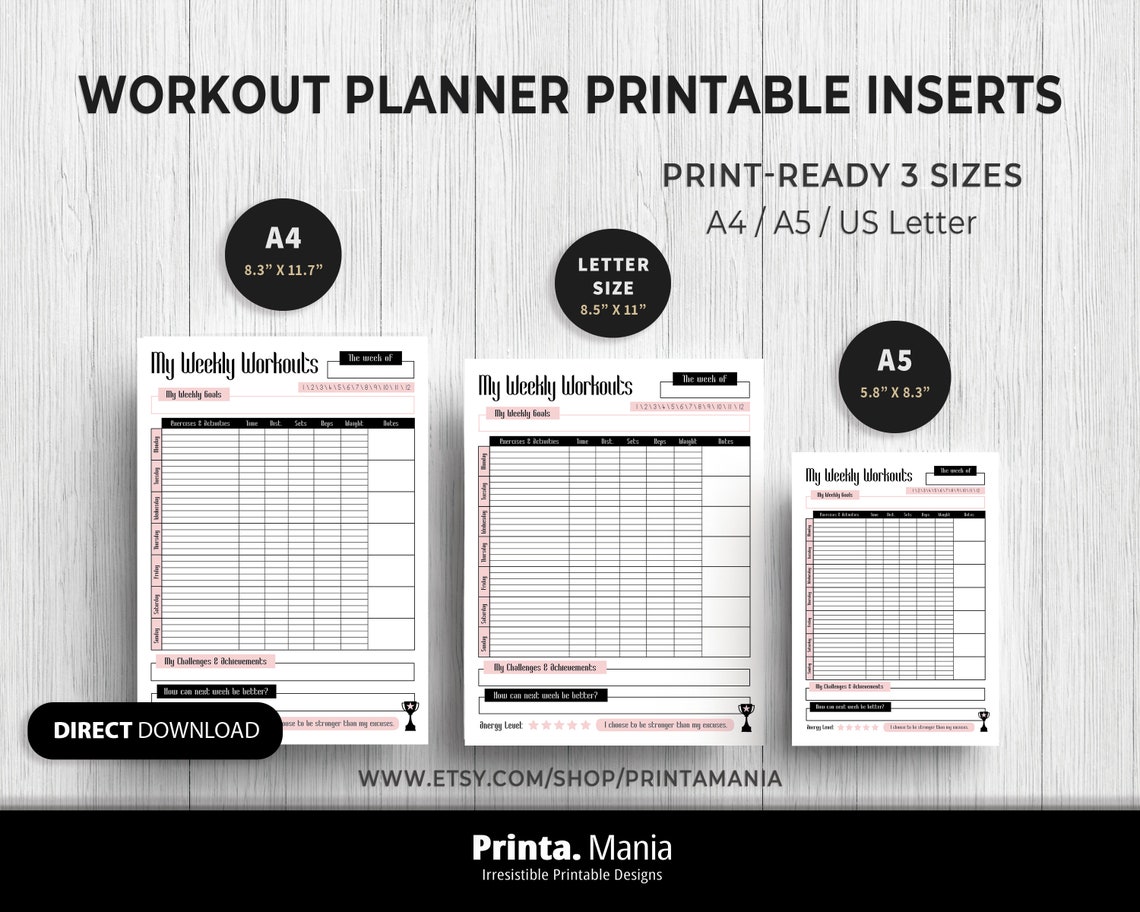 Workout Planner Printable A4, A5, US Letter Fitness Planner, Weekly ...