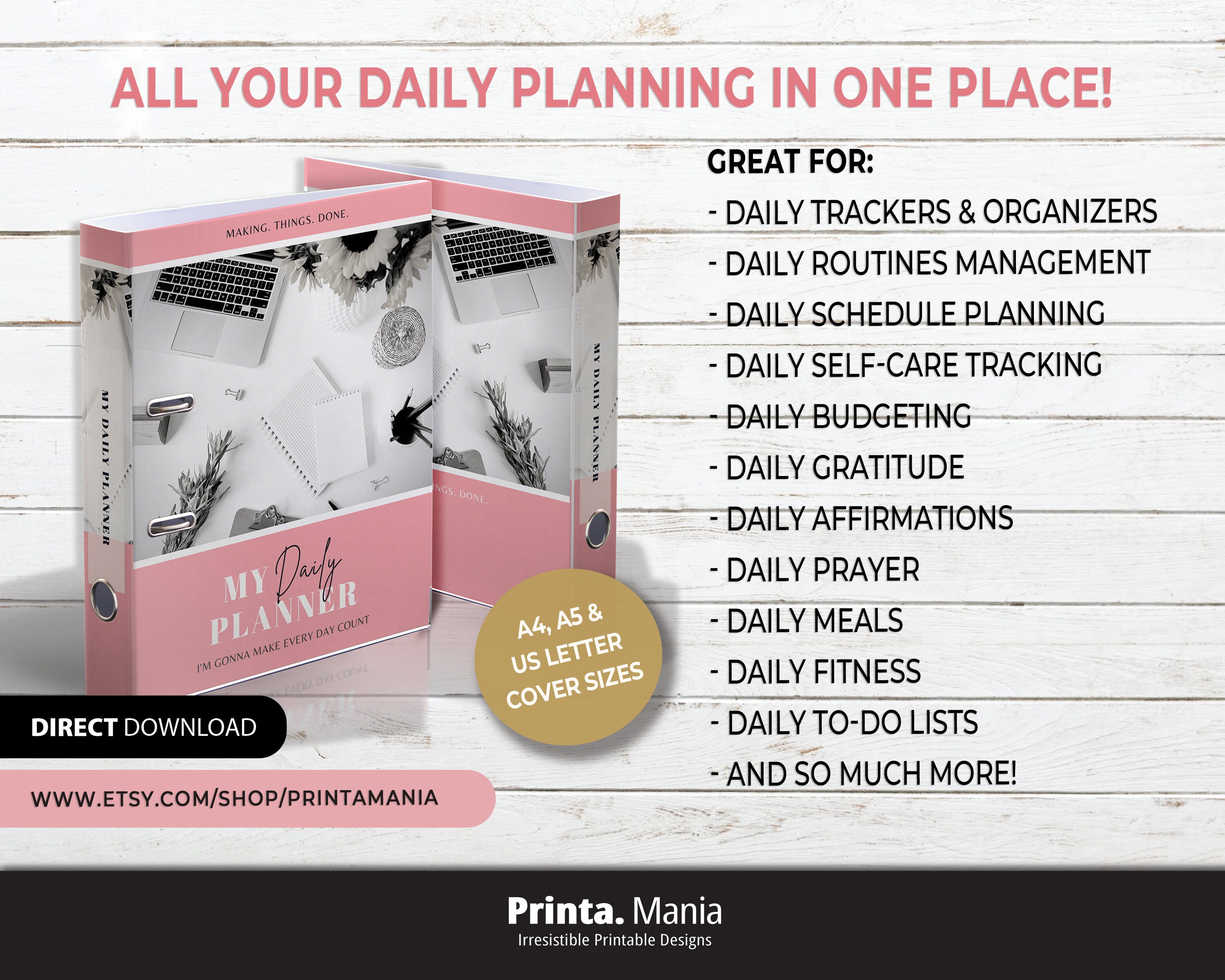Daily Binder Printable Cover Daily Planner Cover 3 Sizes, 5 Editable ...