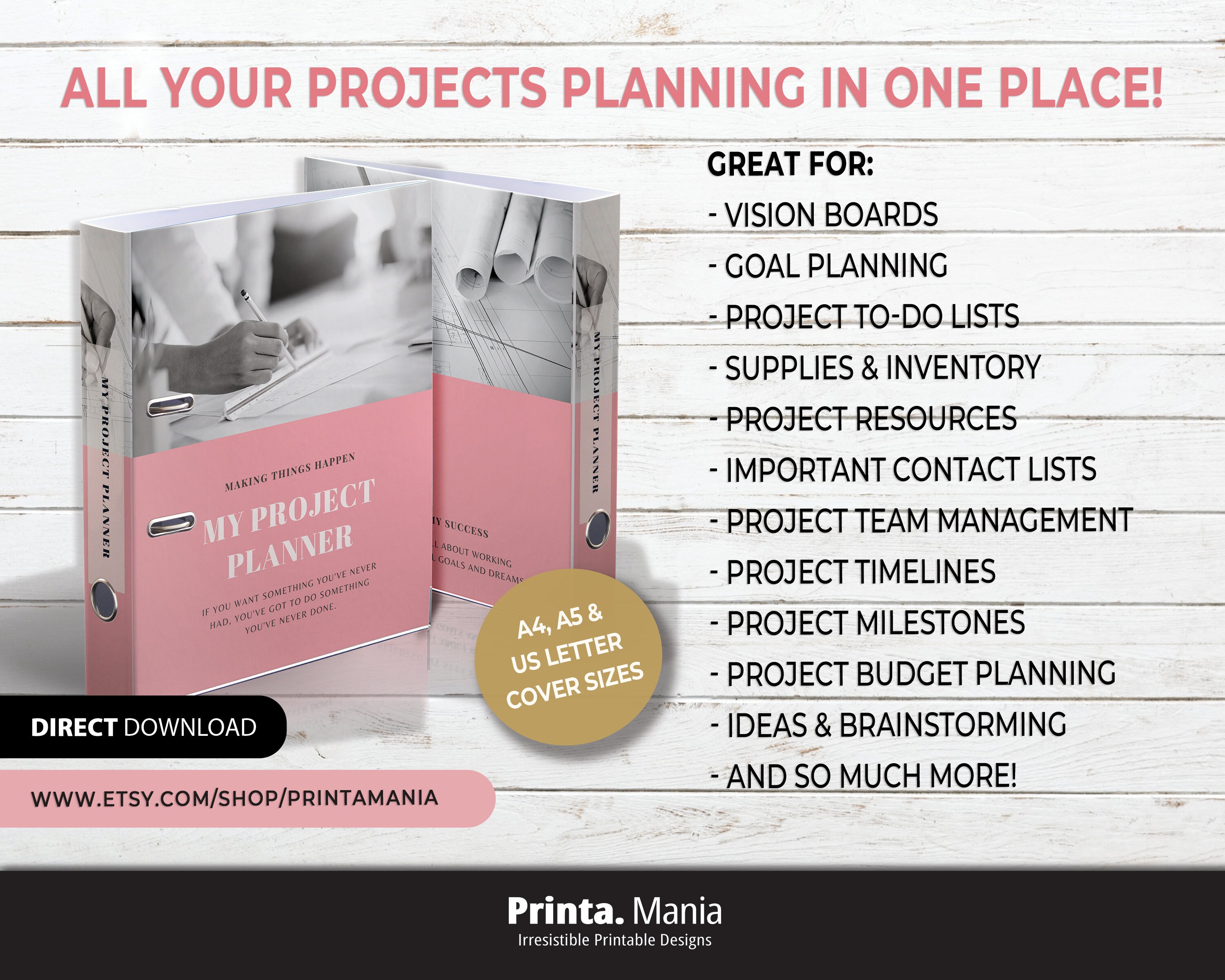 Project Binder Printable Cover | Project Planner Cover | 3 Sizes, 5 ...