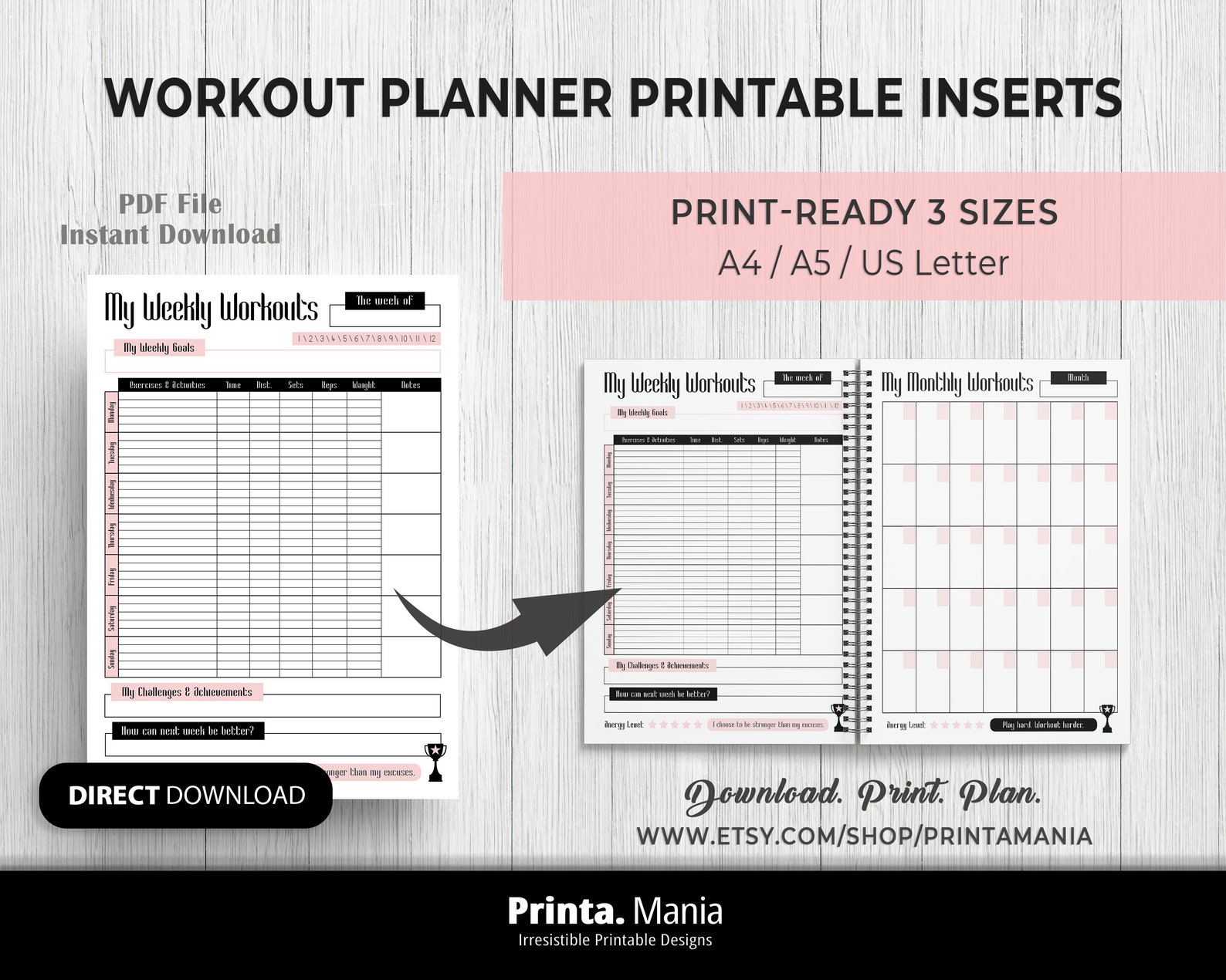 Workout Planner Printable A4, A5, US Letter Fitness Planner, Weekly ...