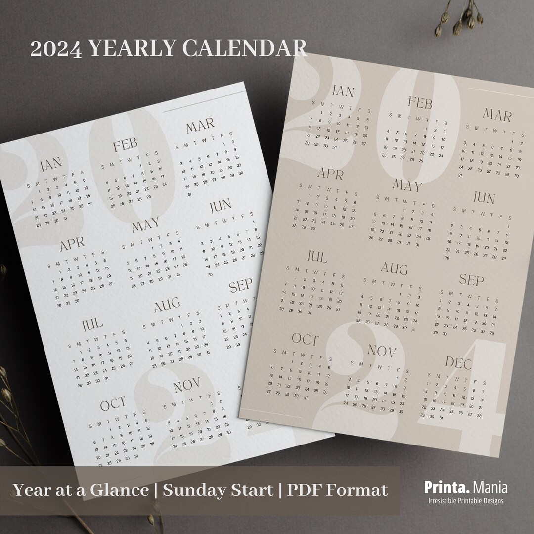 2024 Yearly Calendar Printable, 2024 at A Glance, Vertical, Yearly ...