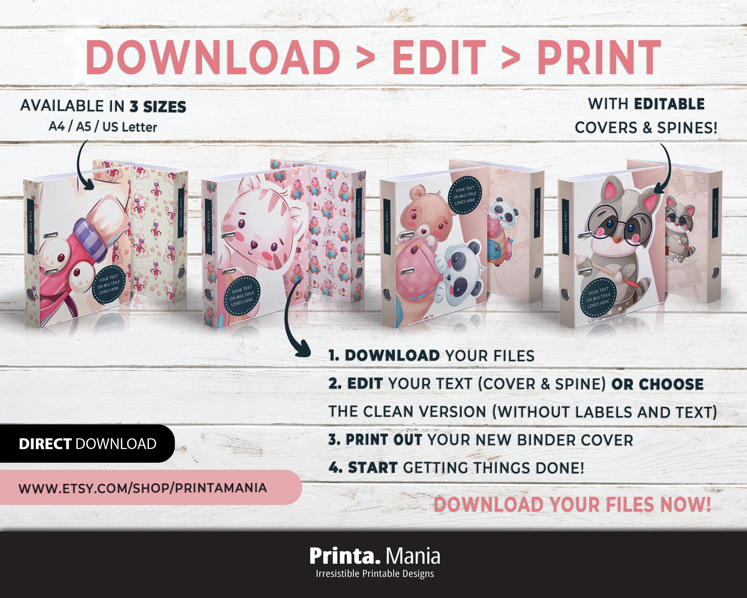 Printable Binder Covers | Cute Animals, Editable Spines (digital ...