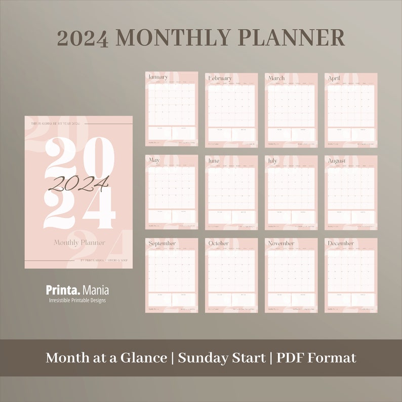 2024 Monthly Planner Printable 2024 Dated Calendar A4, A5, Letter Printable PDF Instant Download ...