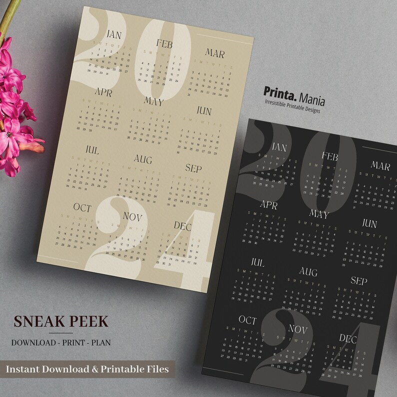 2024 Yearly Calendar Printable, 2024 at A Glance, Vertical, Yearly ...