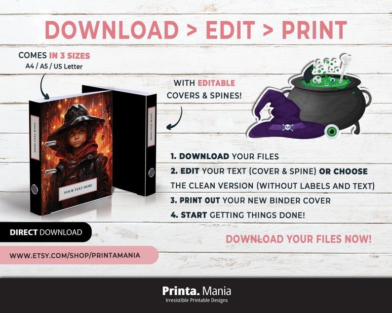 Halloween Witch Printable Binder Editable Cover & Spines 3 Sizes, 5 ...