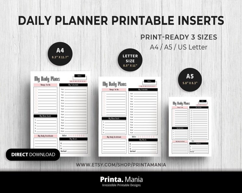 Daily Planner Printable A4, A5, US Letter Business Planner, Daily ...
