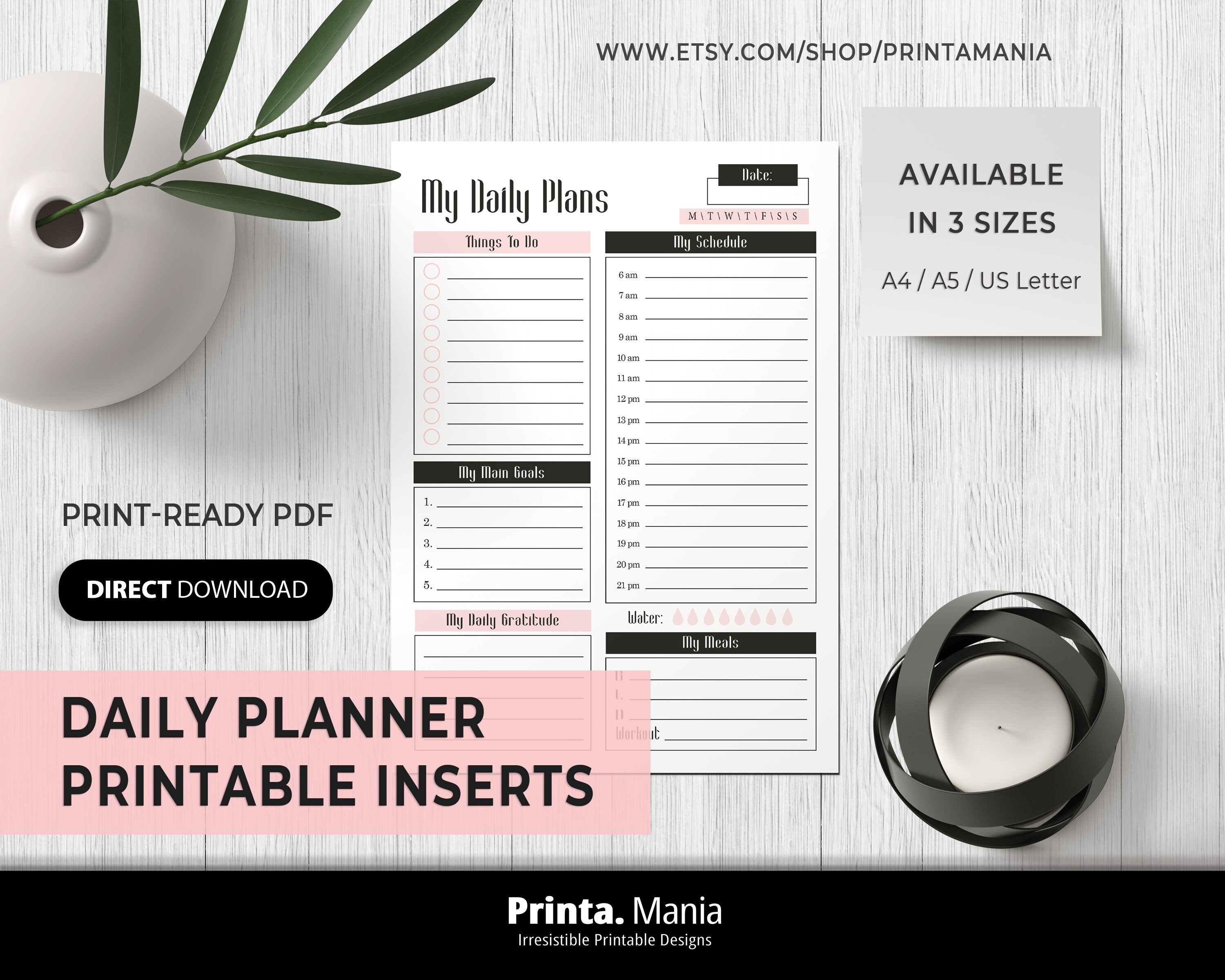 Daily Planner Printable A4, A5, US Letter Business Planner, Daily ...