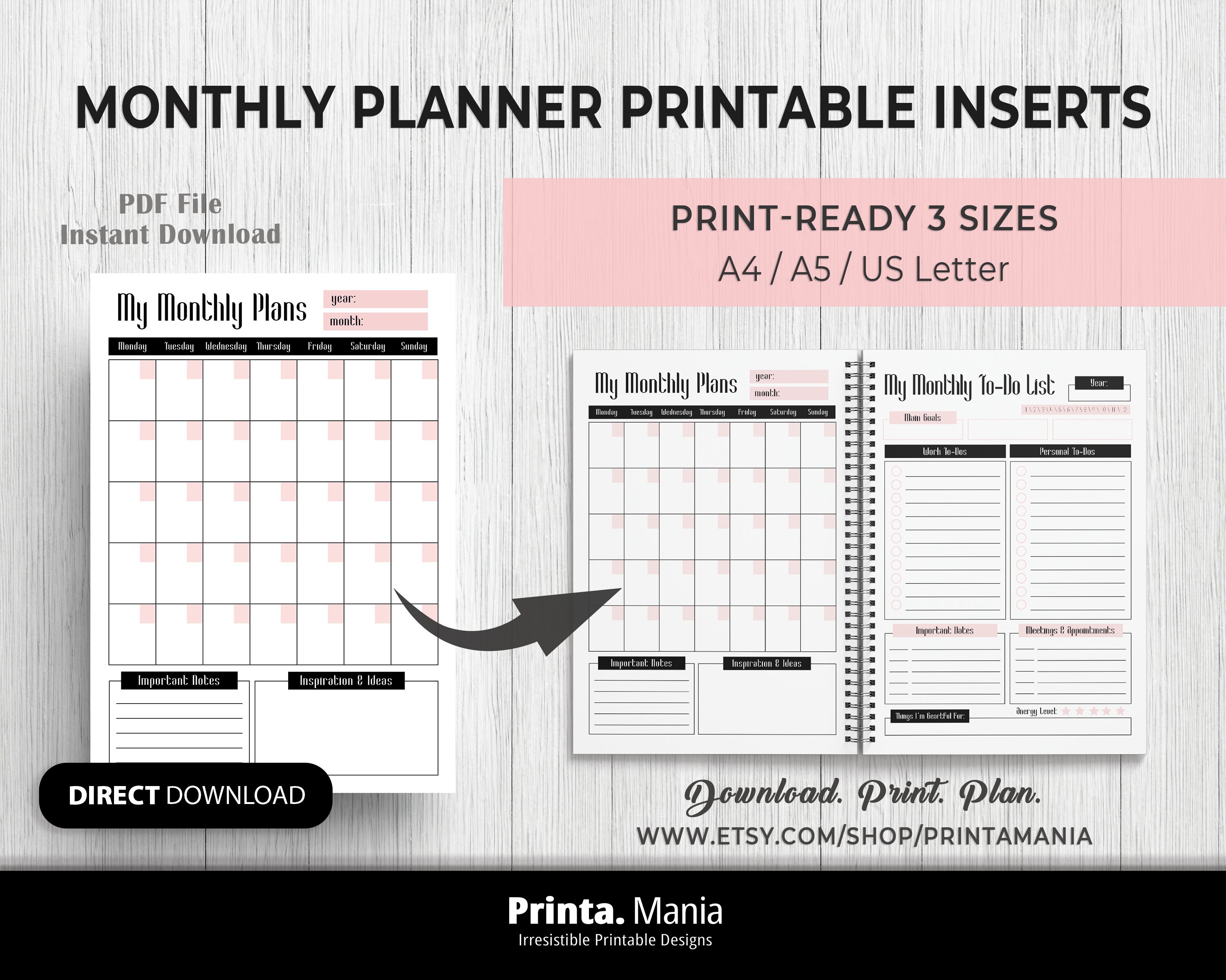 Monthly Planner Printable A4, A5, US Letter Business Planner, Organizer ...