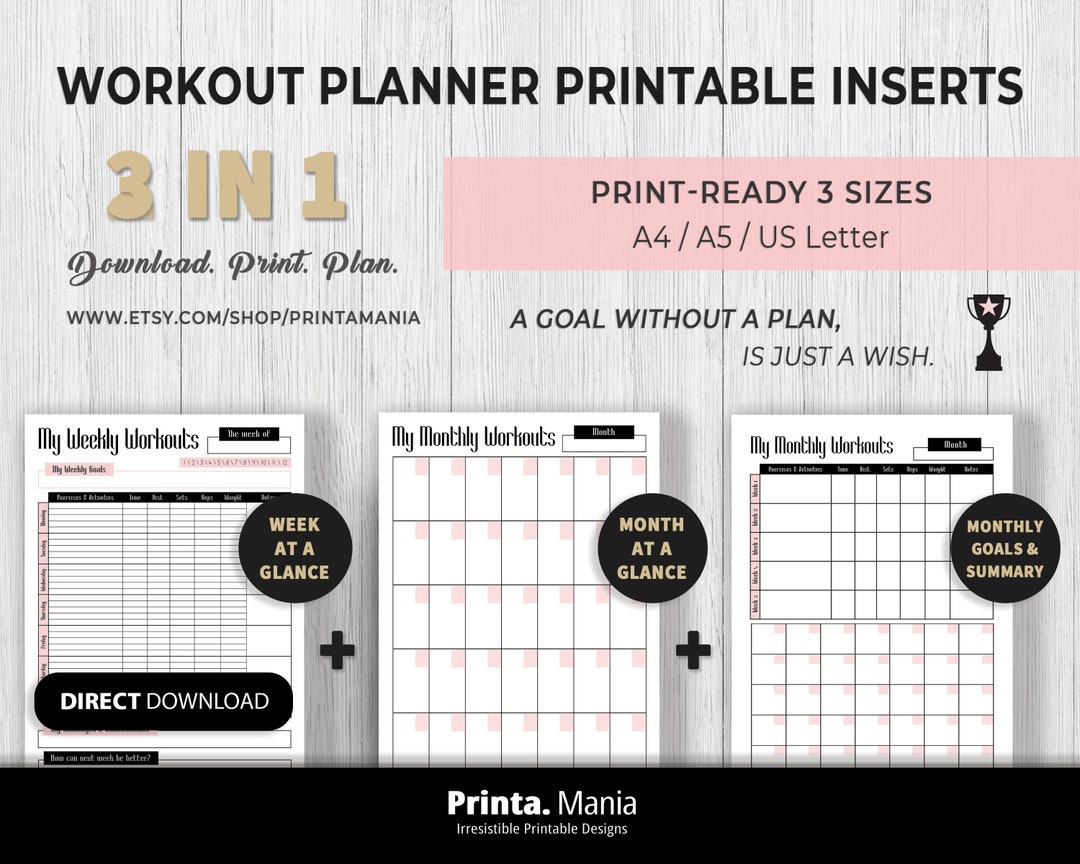 Workout Planner Printable | A4, A5, US Letter | Fitness Planner, Weekly ...