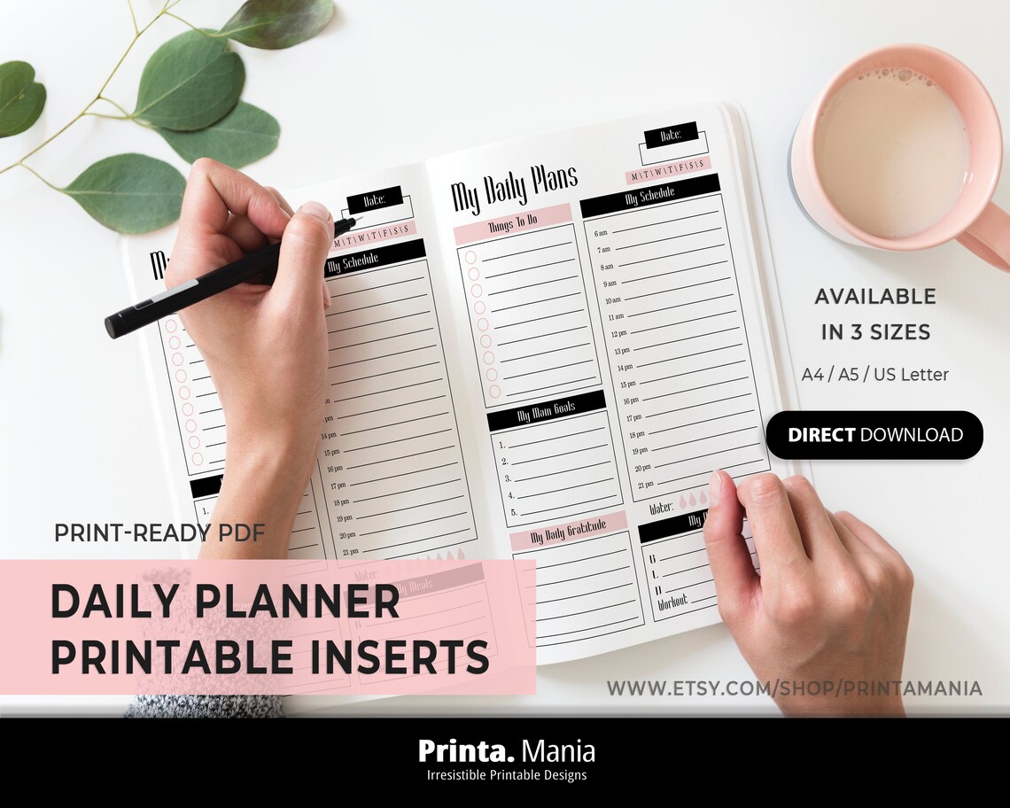 Daily Planner Printable A4, A5, US Letter Business Planner, Daily ...