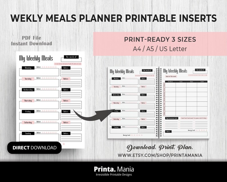 Meal Planner Printable A4, A5, US Letter Weekly Meal Planner, Diet ...