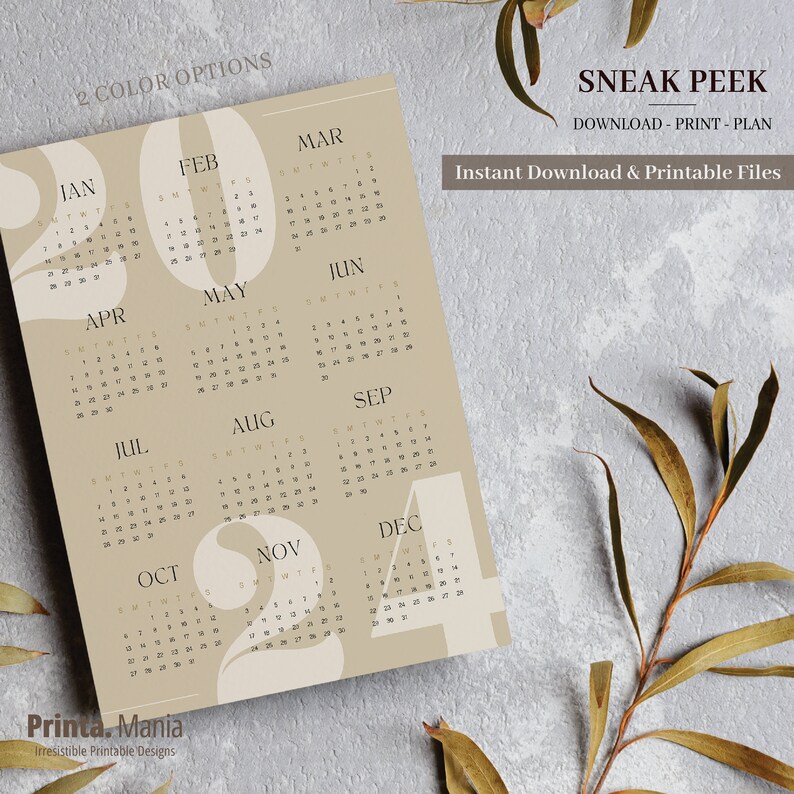 2024 Yearly Calendar Printable, 2024 at A Glance, Vertical, Yearly ...