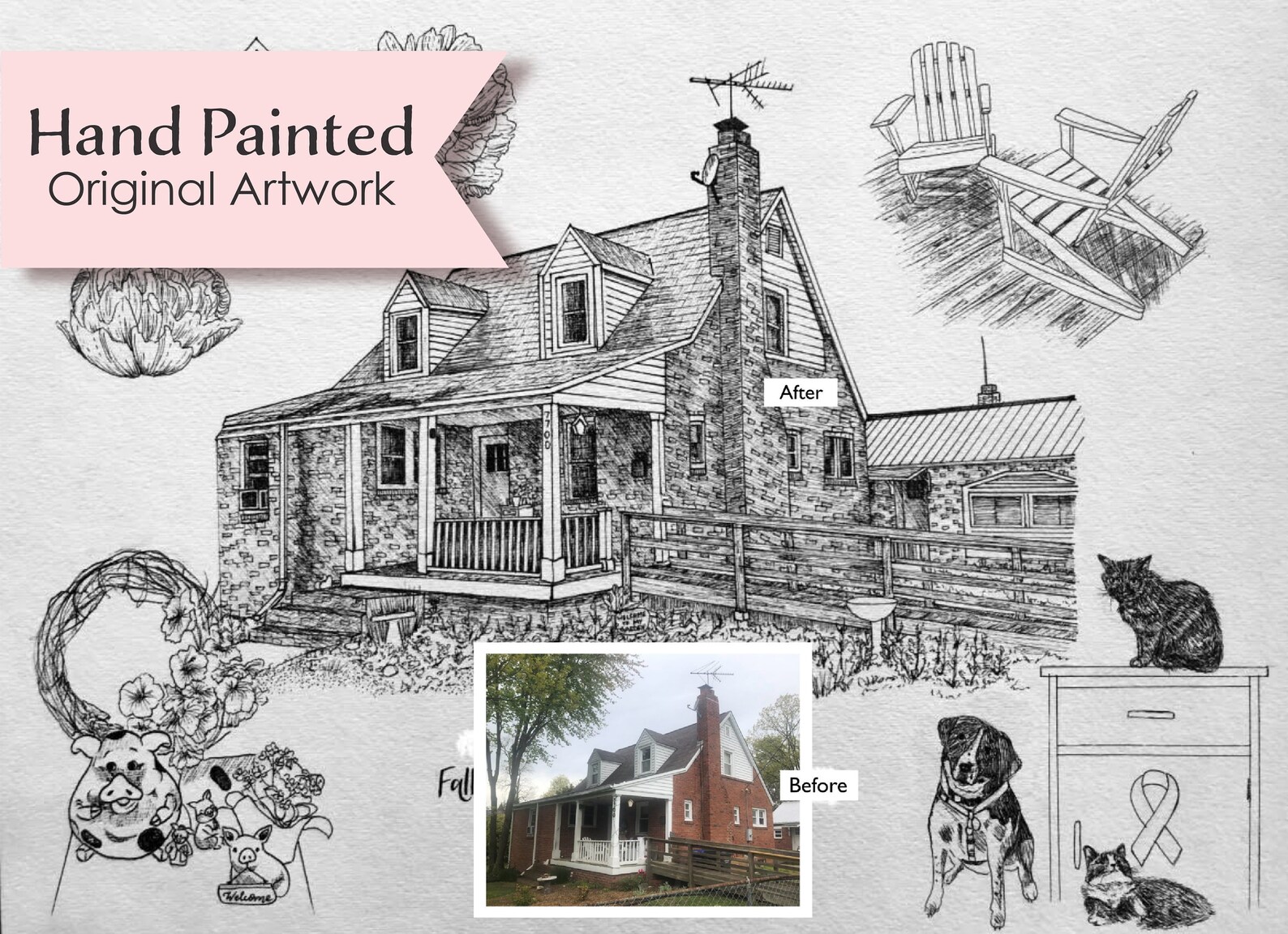 Custom Pen & Ink House Drawing With Extra Images— Sketch House Portrait ...