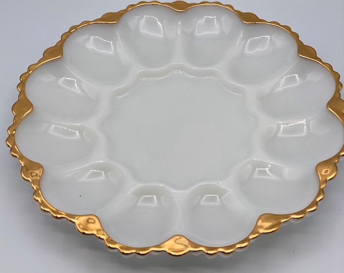 Vintage 1950’s Anchor Hocking Fire King 10” Milk Glass Deviled Egg Plate With 22K Gold Trim - Etsy