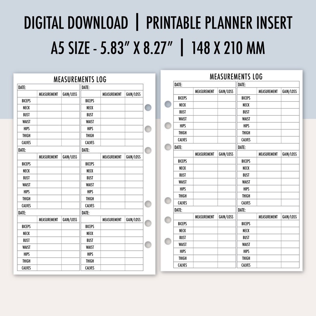 PRINTABLE A5 Body Measurements Planner Insert, 5.83 X 8.27, Slim Fit ...