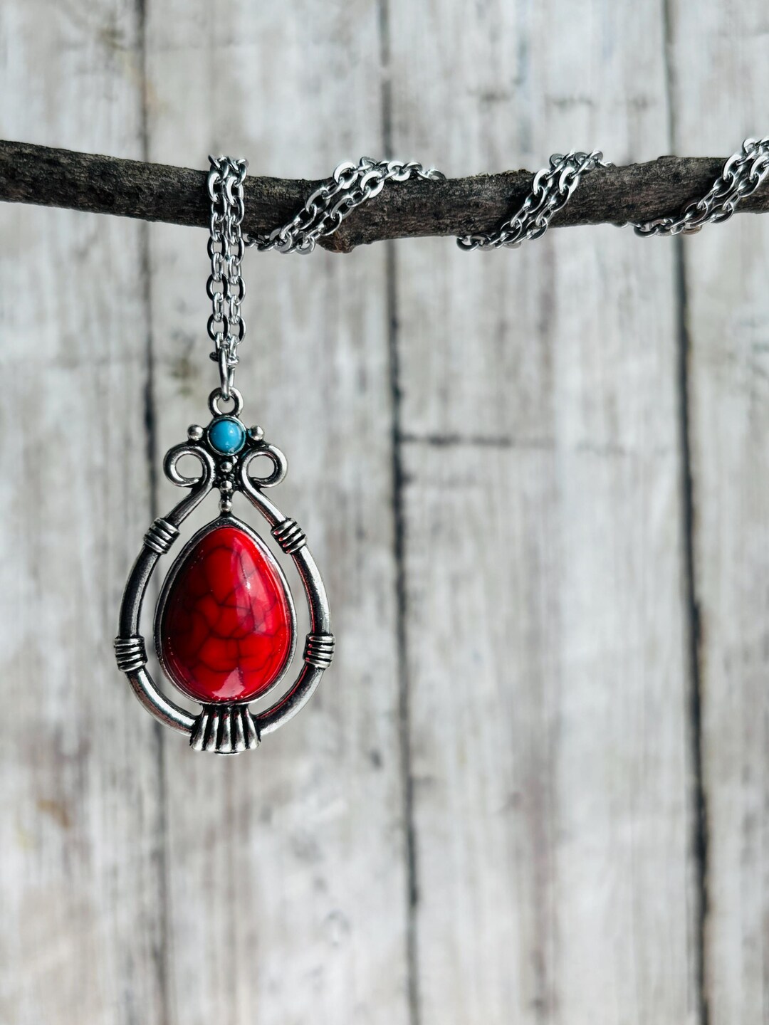 Silver Southwest Necklace / Red Turquoise Pendant Necklace / Midwestern ...