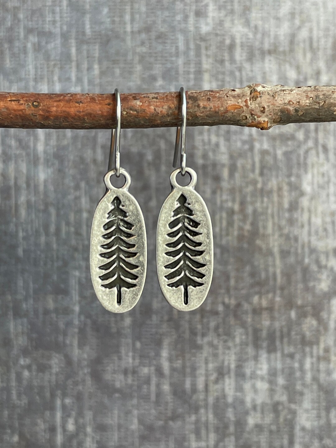 Pine Tree Earrings / Rustic Stamped Tree Earrings / Small Silver Forest ...