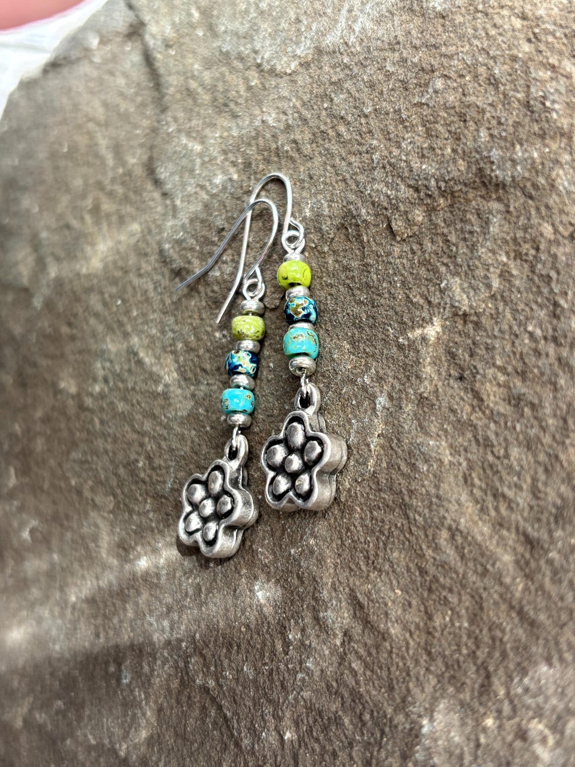 Flower Boho Earrings / Colorful Beaded Dangle Earrings / Silver Dangle ...