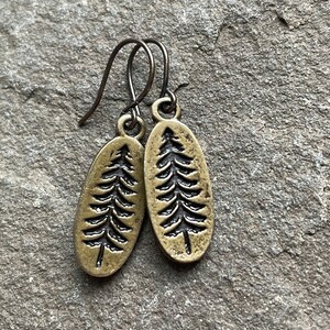 Pine Tree Earrings / Rustic Stamped Tree Earrings / Small Brass Forest ...