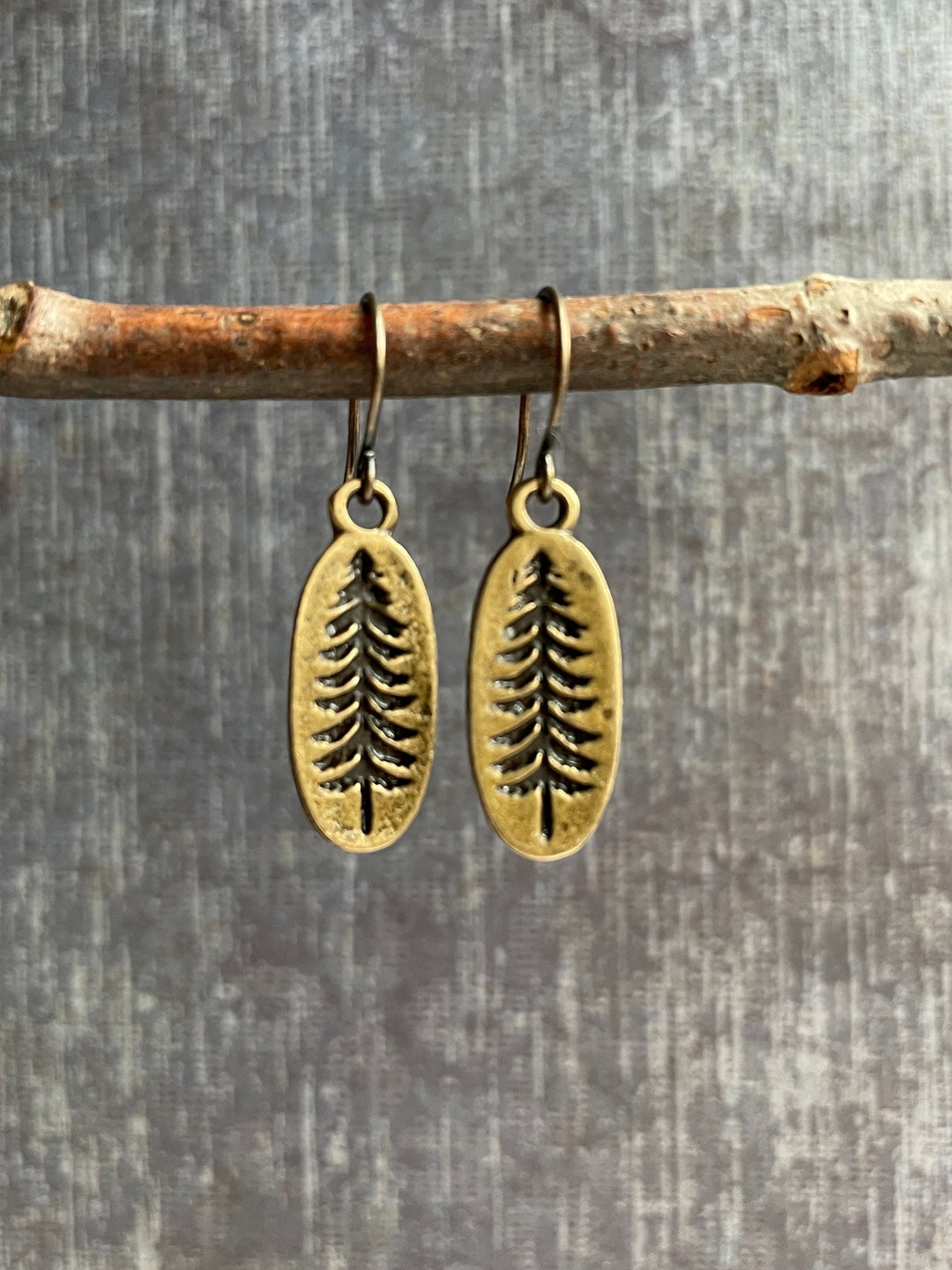 Pine Tree Earrings / Rustic Stamped Tree Earrings / Small Brass Forest ...