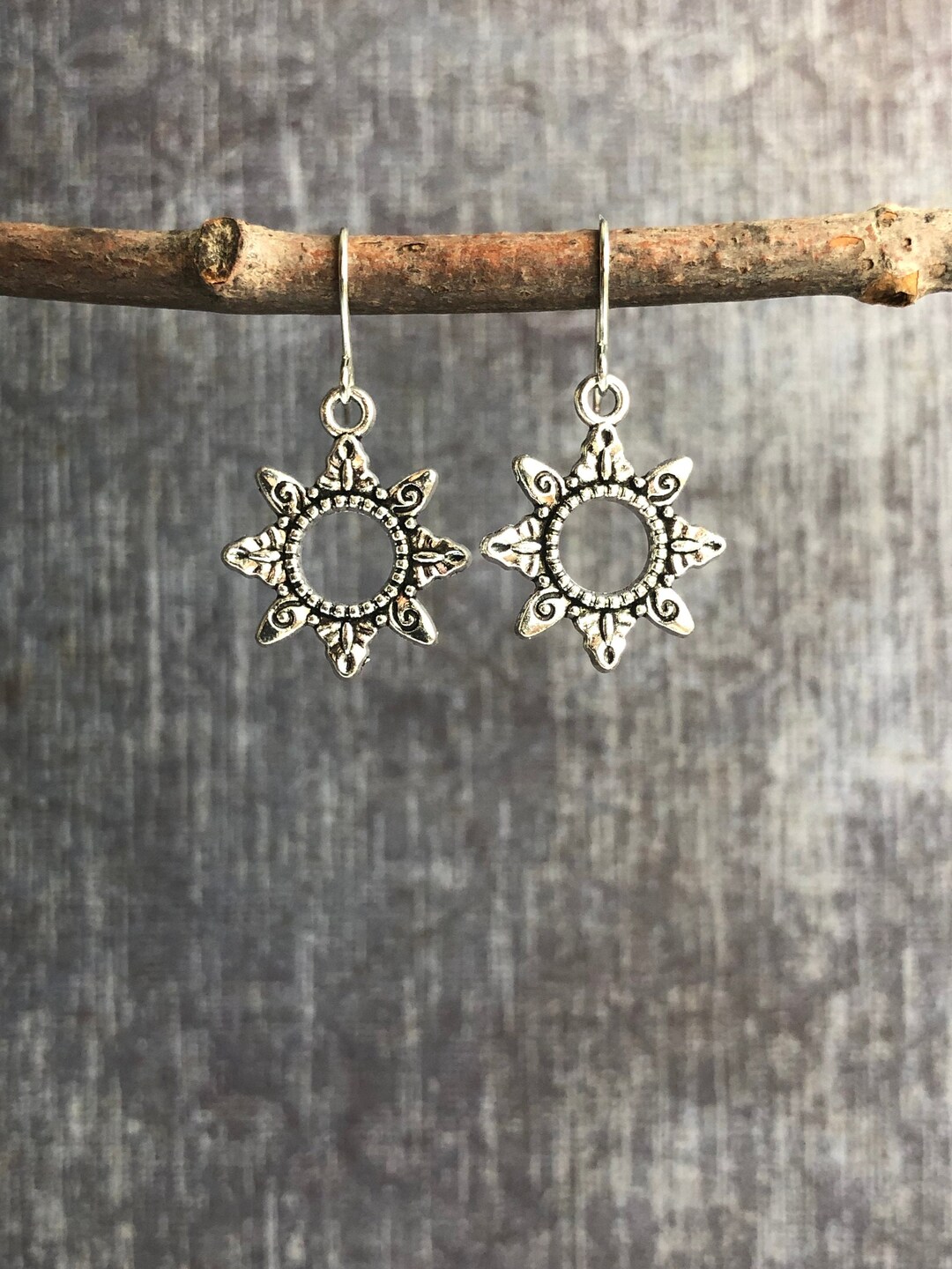Small Sun Dangle Earrings / Silver Boho Earrings / Little Sun Drop ...