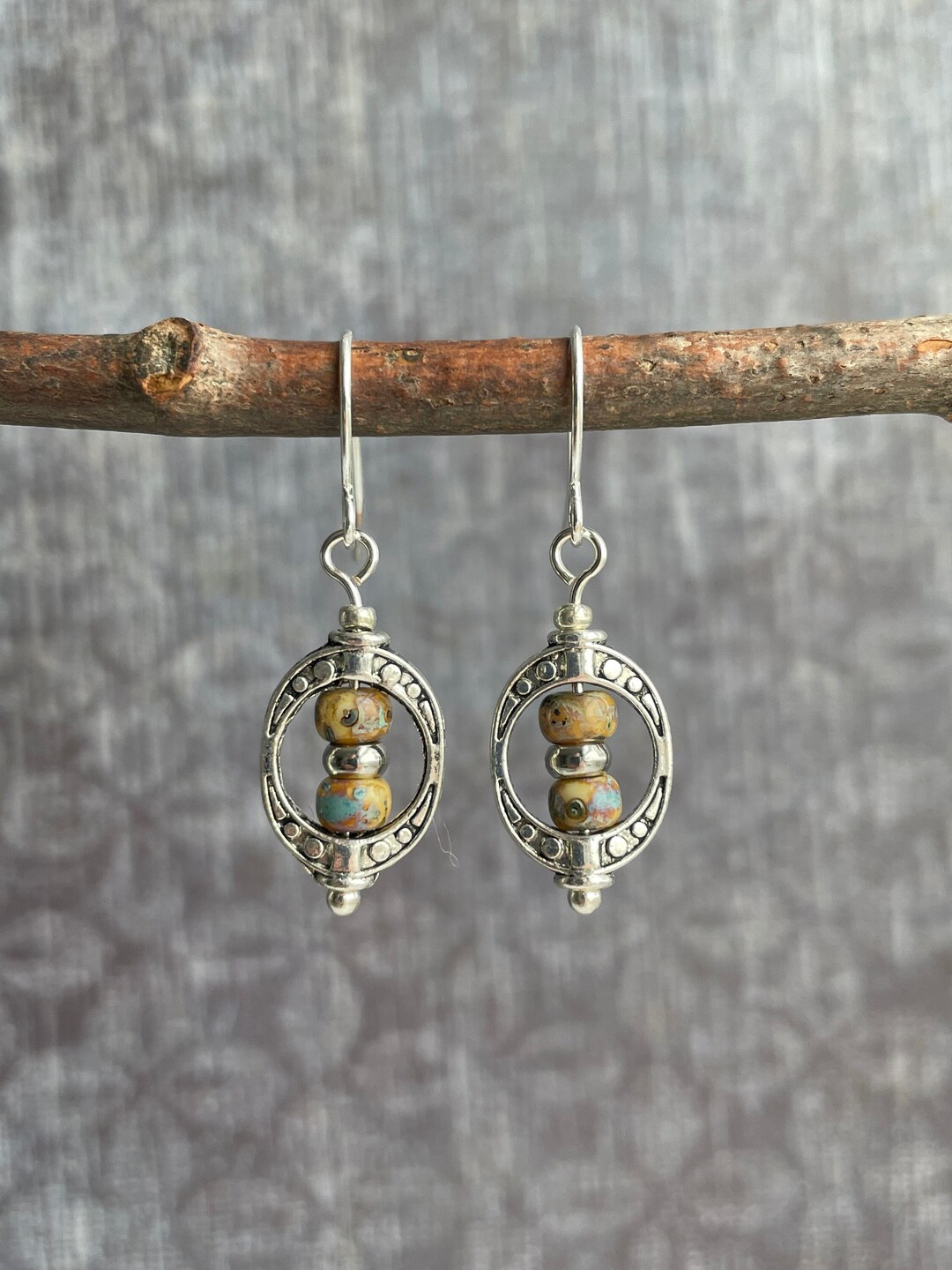 Silver Boho Earrings / Rustic Silver and Tan Earrings / Brown Dangle ...