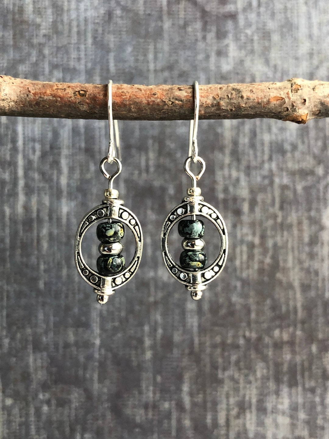 Silver Boho Earrings / Rustic Silver and Black Earrings / Black Dangle ...